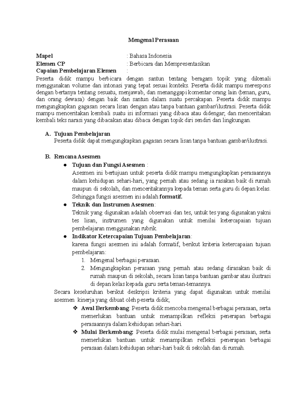 Asesmen Mengenal Perasaan - Mengenal Perasaan Mapel : Bahasa Indonesia ...