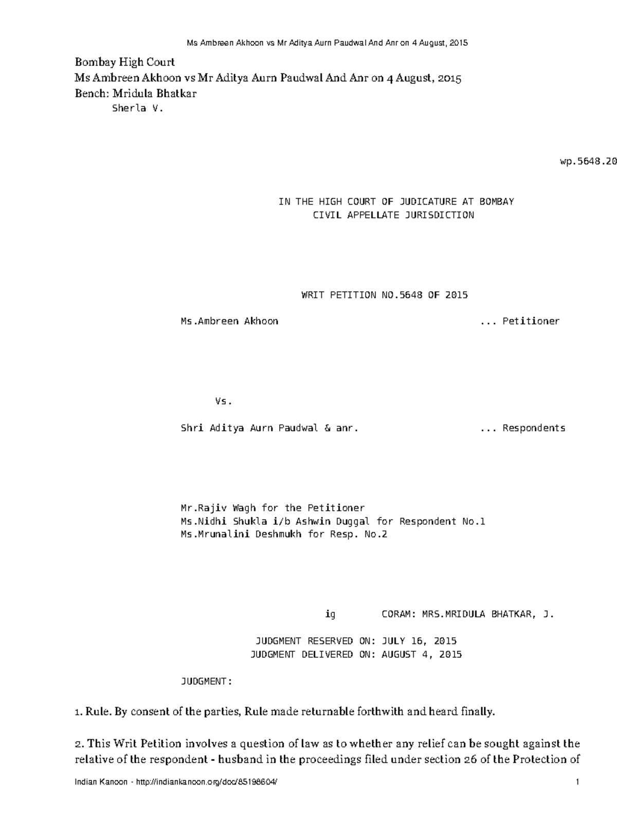 Ms Ambreen Akhoon vs Mr Aditya Aurn Paudwal And Anr on 4 August 2015 ...