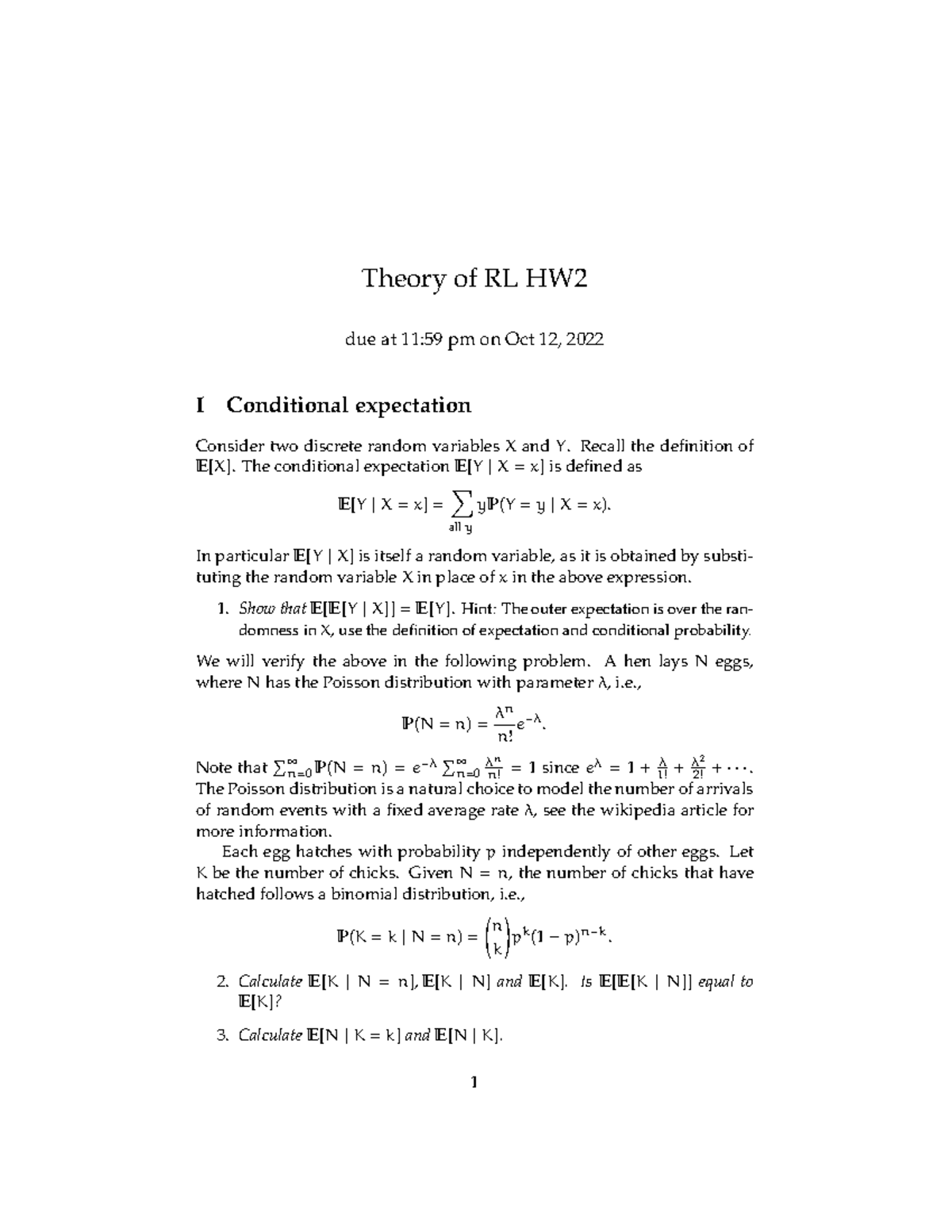 HW2-1 - HW2-1 - Theory of RL HW due at 11:59 pm on Oct 12, 2022 I ...