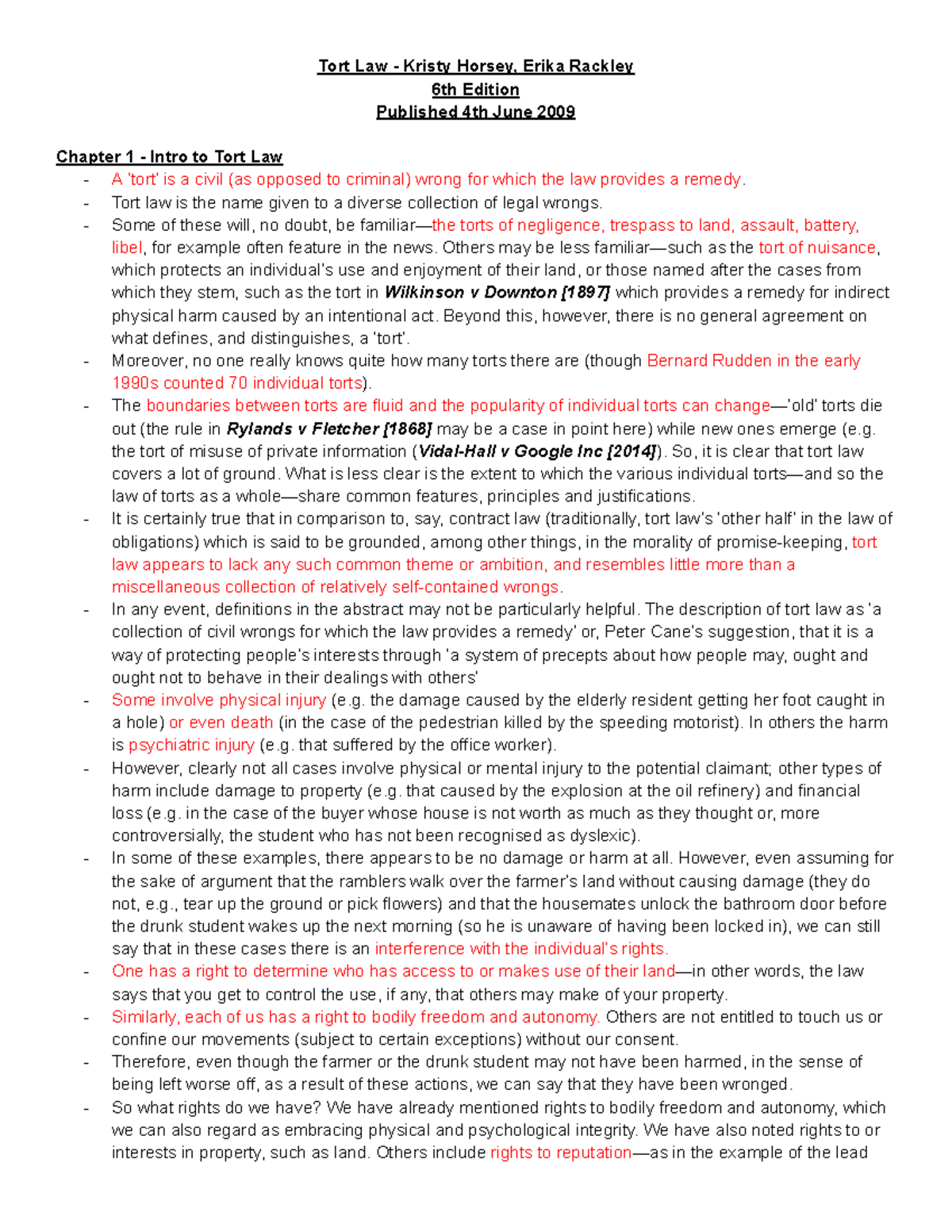 Tort Law Reading - Tort Law - Kristy Horsey, Erika Rackley 6th Edition ...