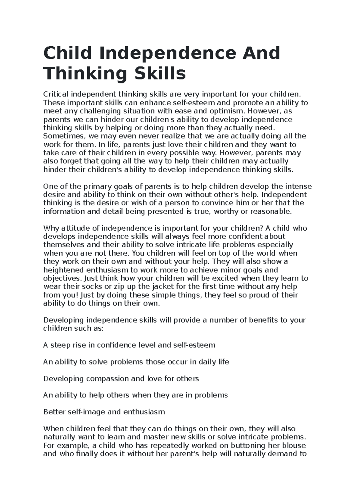 Child Independence And Thinking Skills - Child Independence And ...