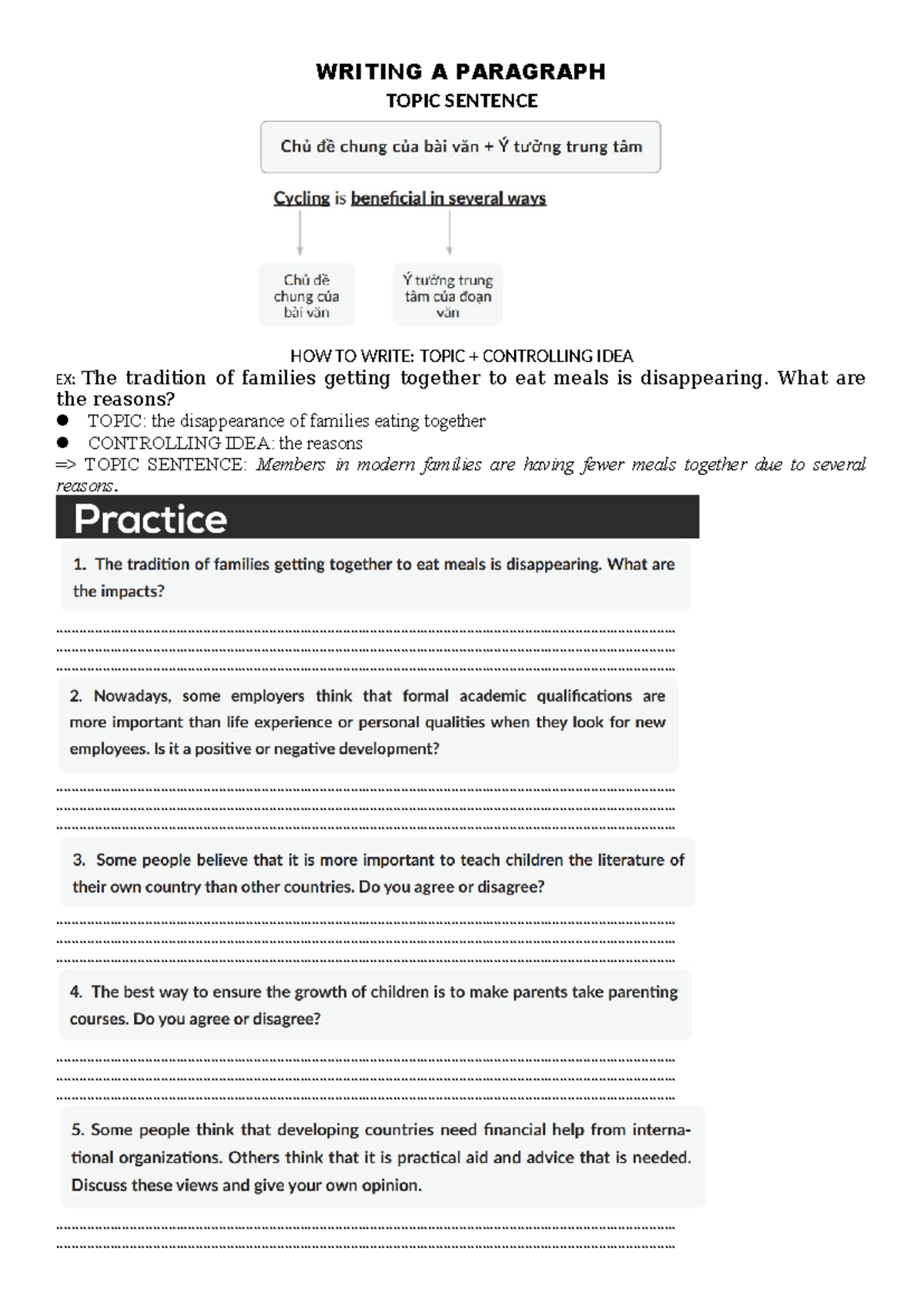 Writing A Paragraph - WRITING A PARAGRAPH TOPIC SENTENCE HOW TO WRITE: TOPIC + CONTROLLING IDEA ...