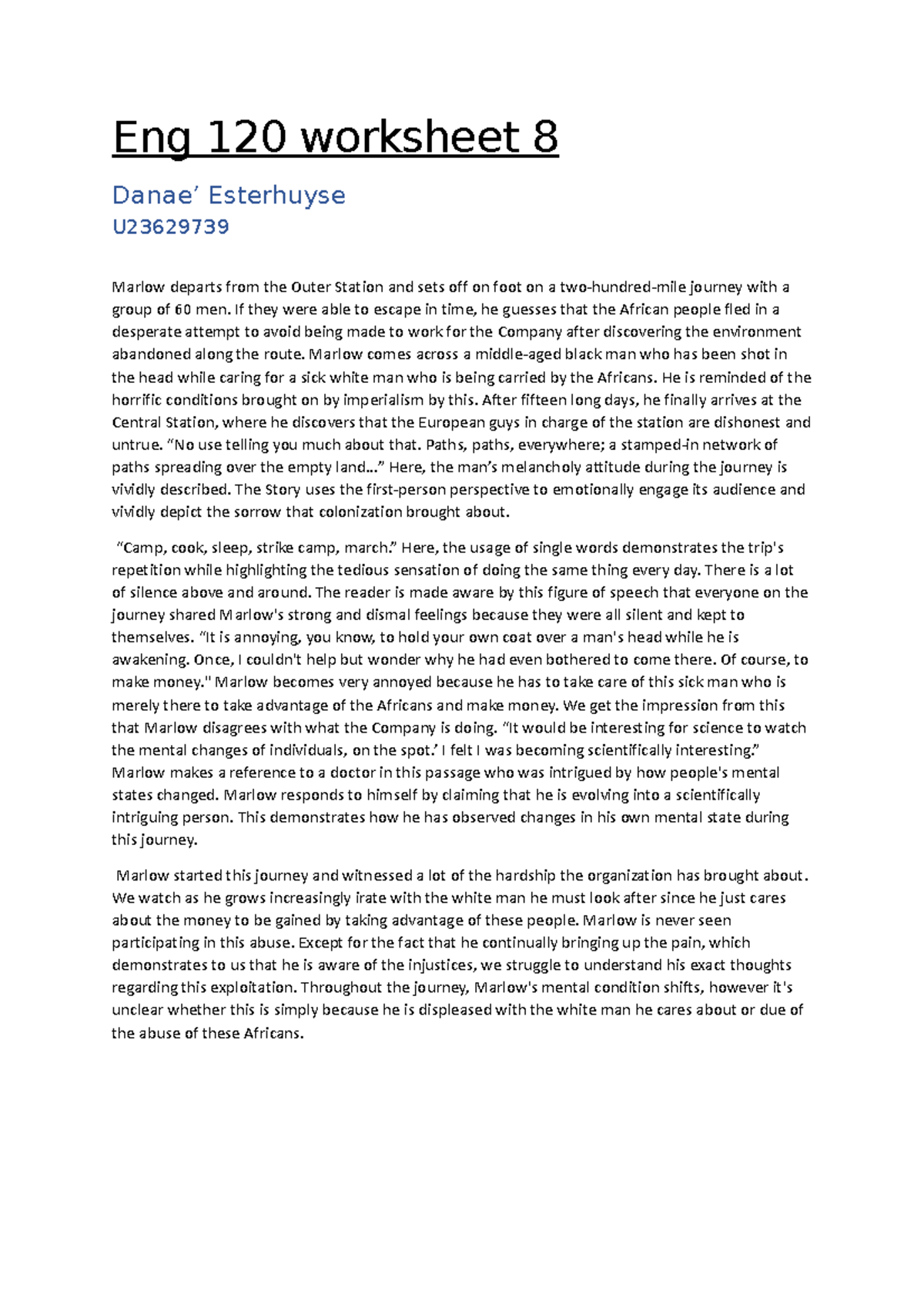 Eng 120 worksheet 8 - Eng 120 worksheet 8 Danae’ Esterhuyse U Marlow ...