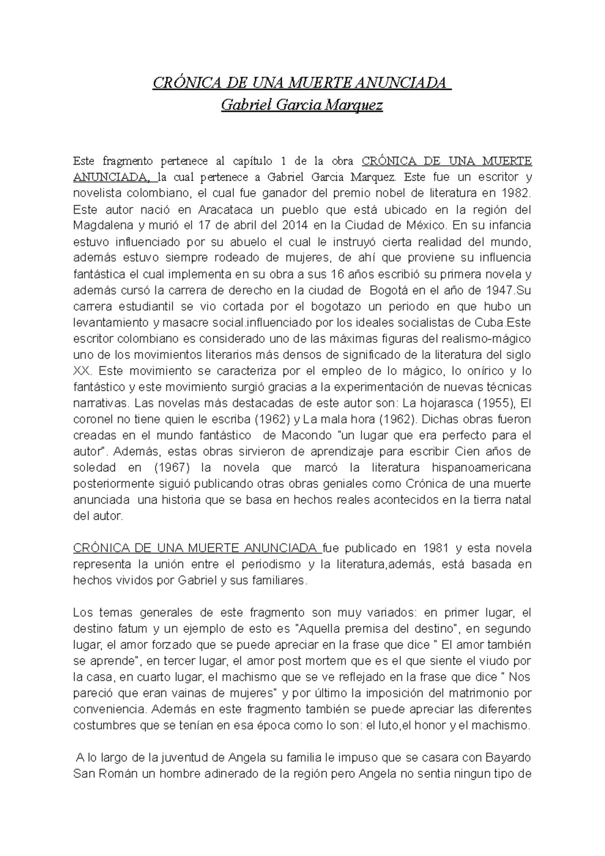 Comentario 1 Una muerte anunciada - CRÓNICA DE UNA MUERTE ANUNCIADA ...