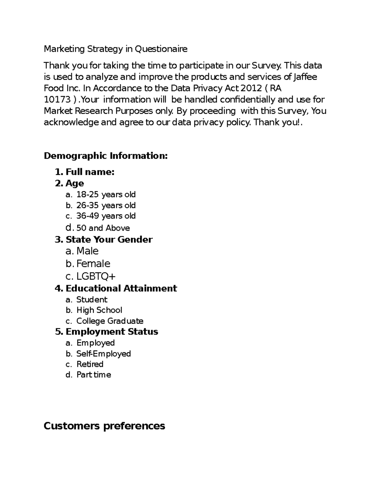 Survey Form Sample - Marketing Strategy in Questionaire Thank you for ...