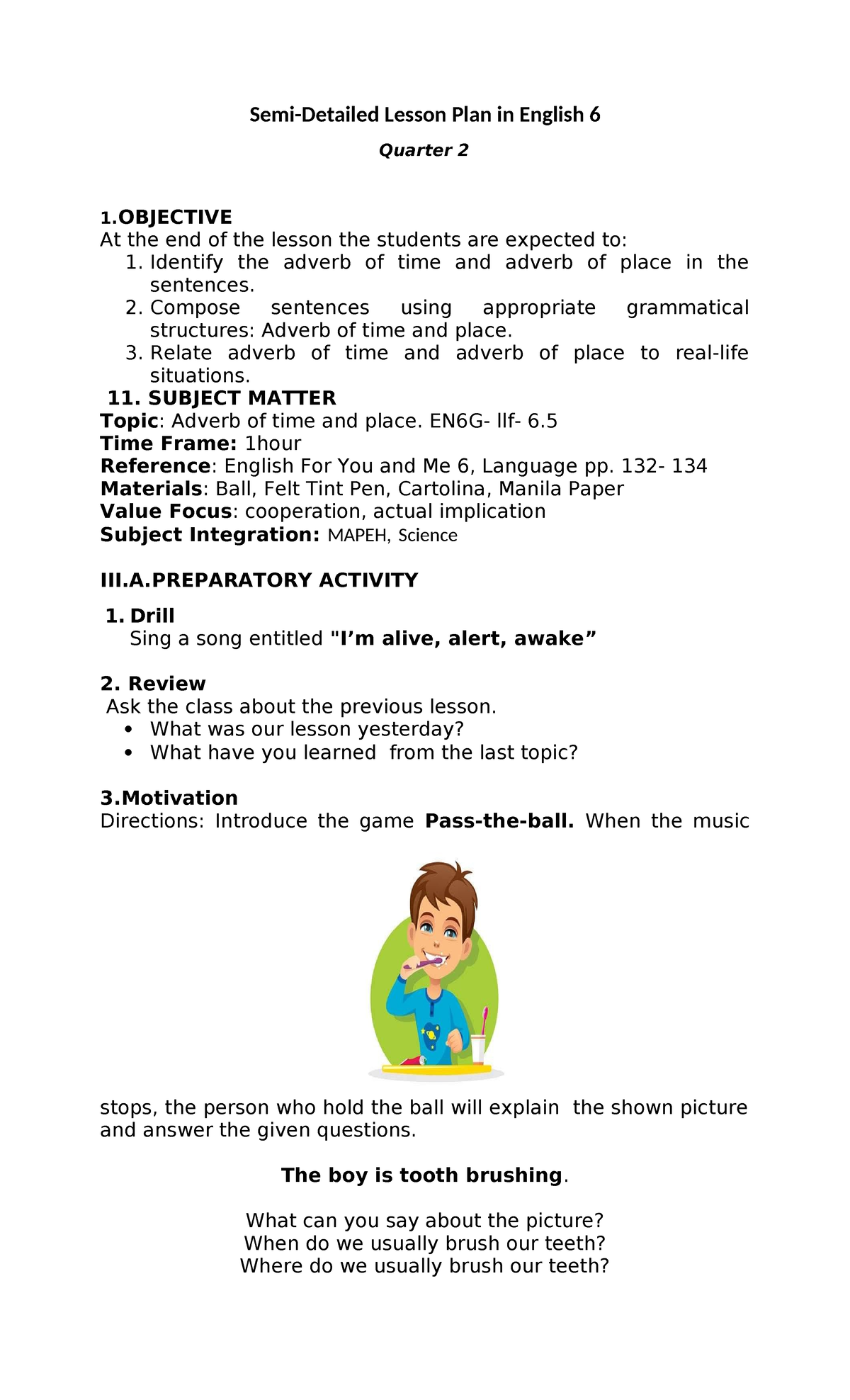 English Lesson PLAN - Semi-Detailed Lesson Plan in English 6 Quarter 2 ...
