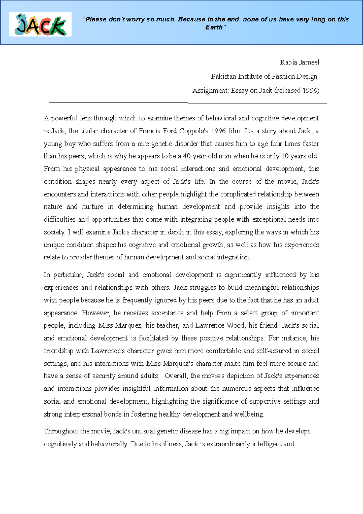 Jack movie assignment - reference notes for organizational behavior ...