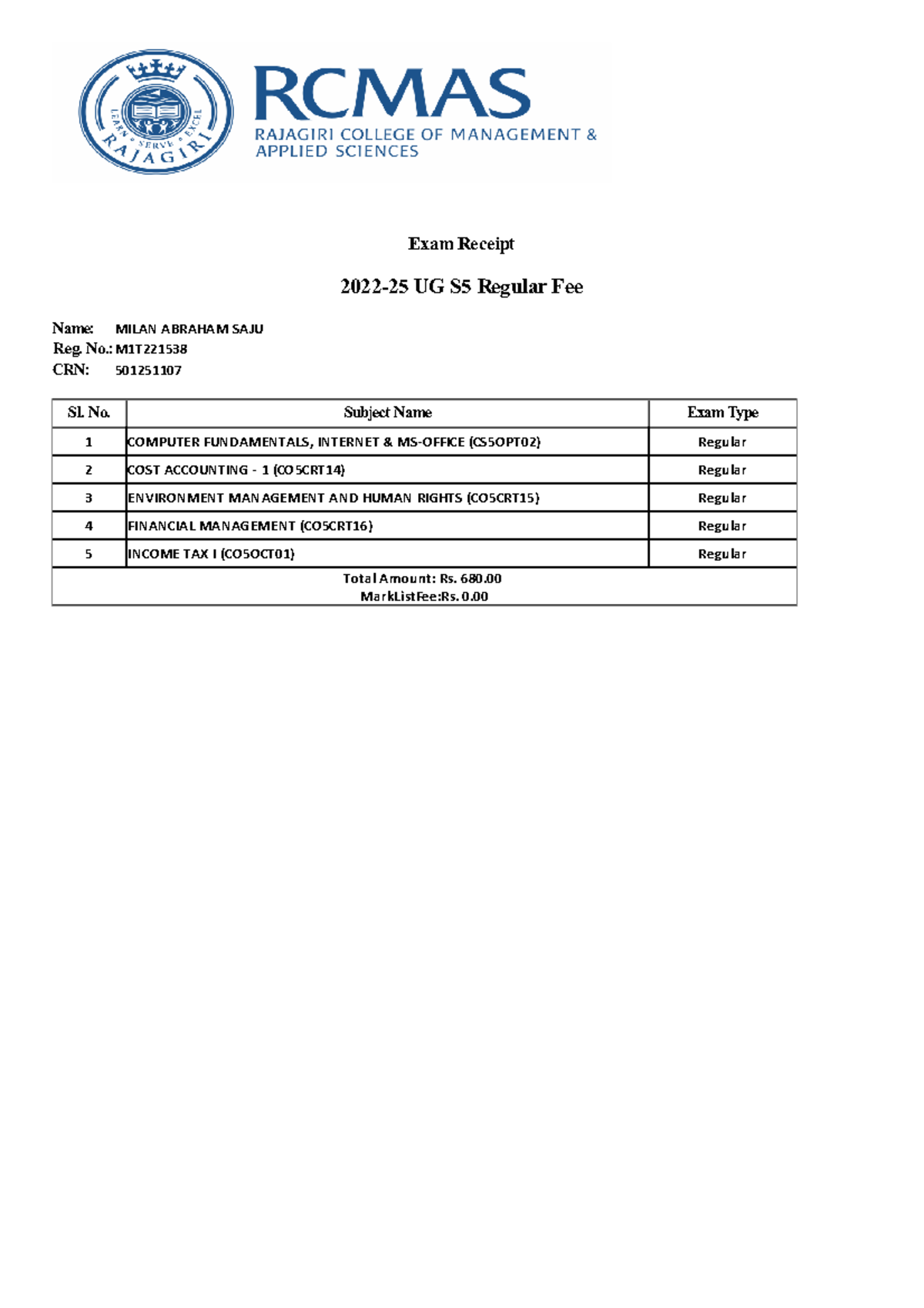 Exam Receipt - dfsfsfsfd - Acc 926 - Exam Receipt 2022-25 UG S5 Regular ...
