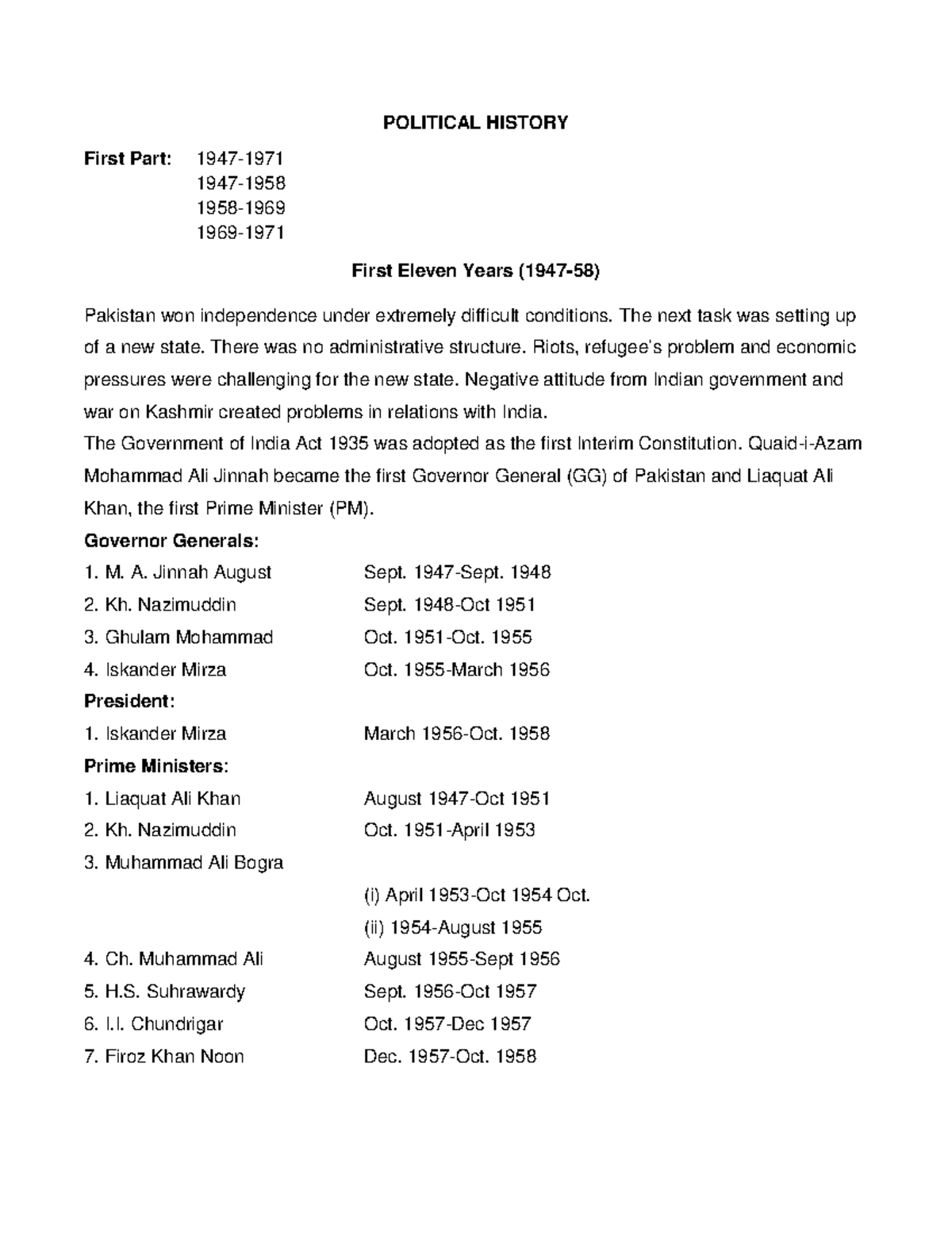 Political development - POLITICAL HISTORY First Part: 1947- 1947- 1958 ...