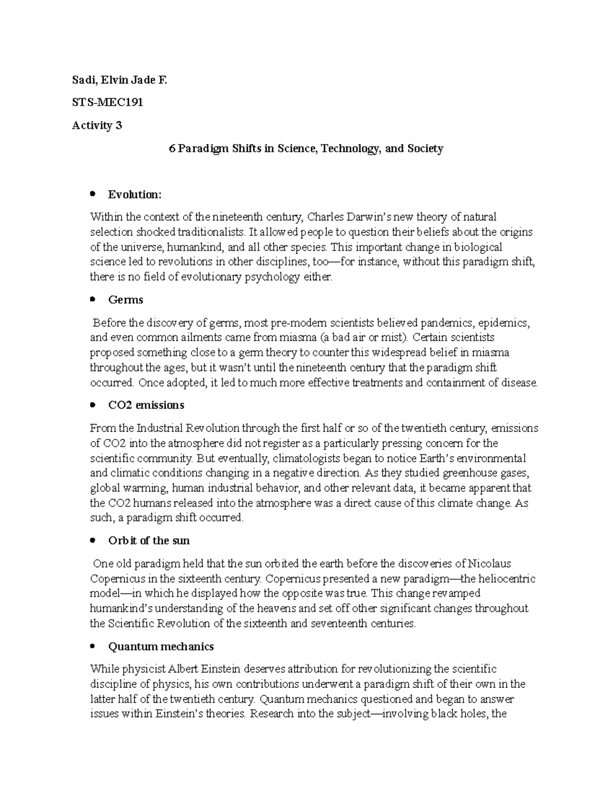 SADI Elvin Jade STS-Act3 - Sadi, Elvin Jade F. STS-MEC Activity 3 6 Paradigm Shifts in Science ...