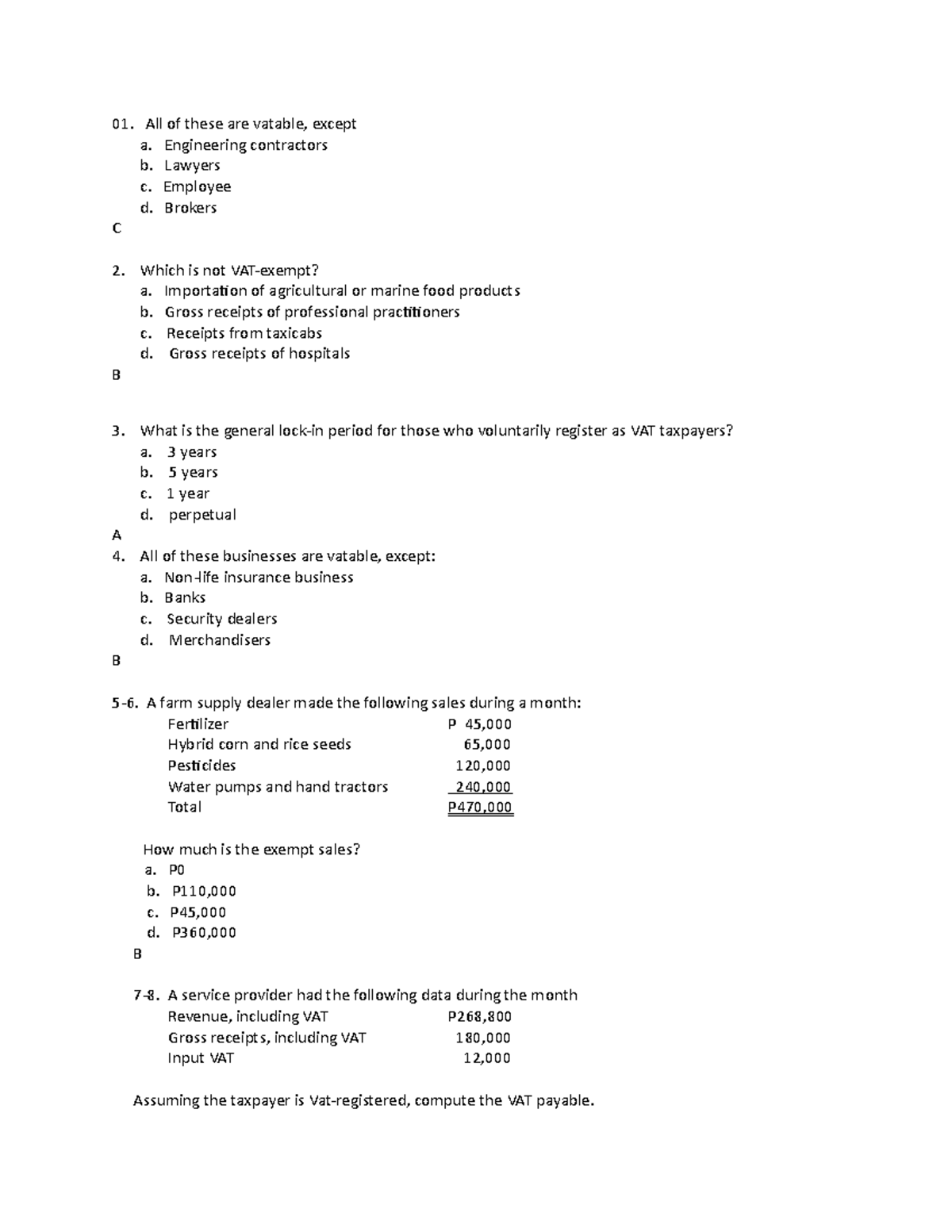 Activity in Value Added Tax Percentage Tax with answers that can you ...