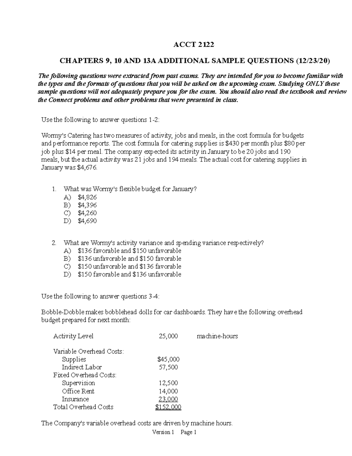 Chapters 9, 10 and 13A Additional Sample Questions-2 - Version 1 Page 1 ...