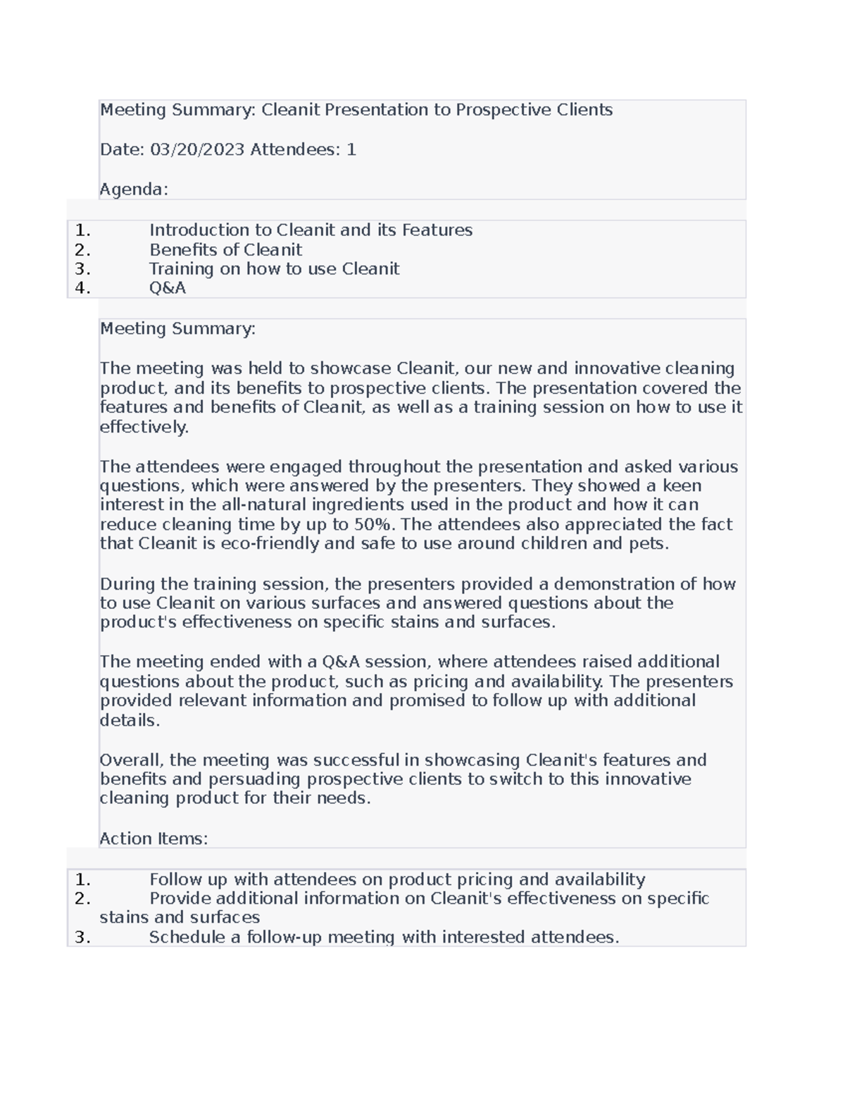 Documented Client meeting outcomes - Meeting Summary: Cleanit ...