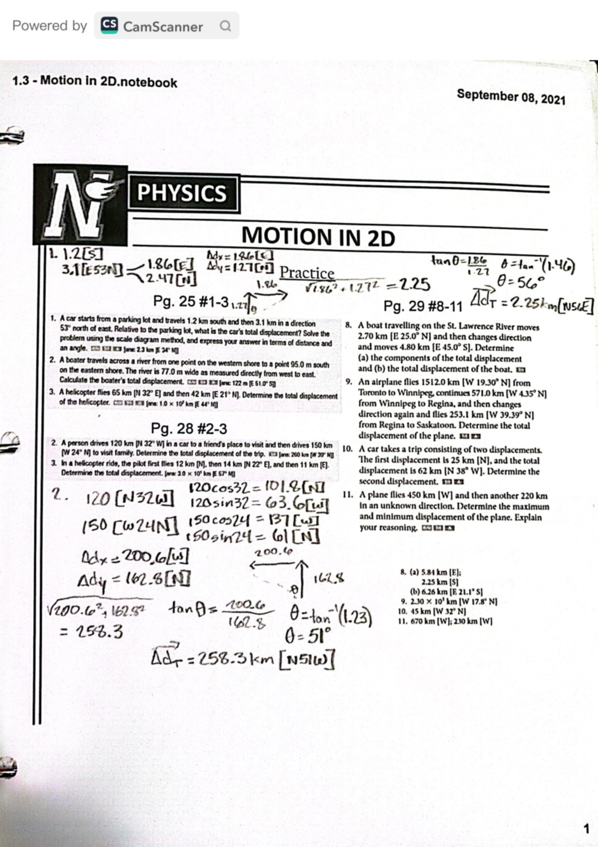Kinematics Motion in 2D Practice Questions with Answers - physics1400 ...