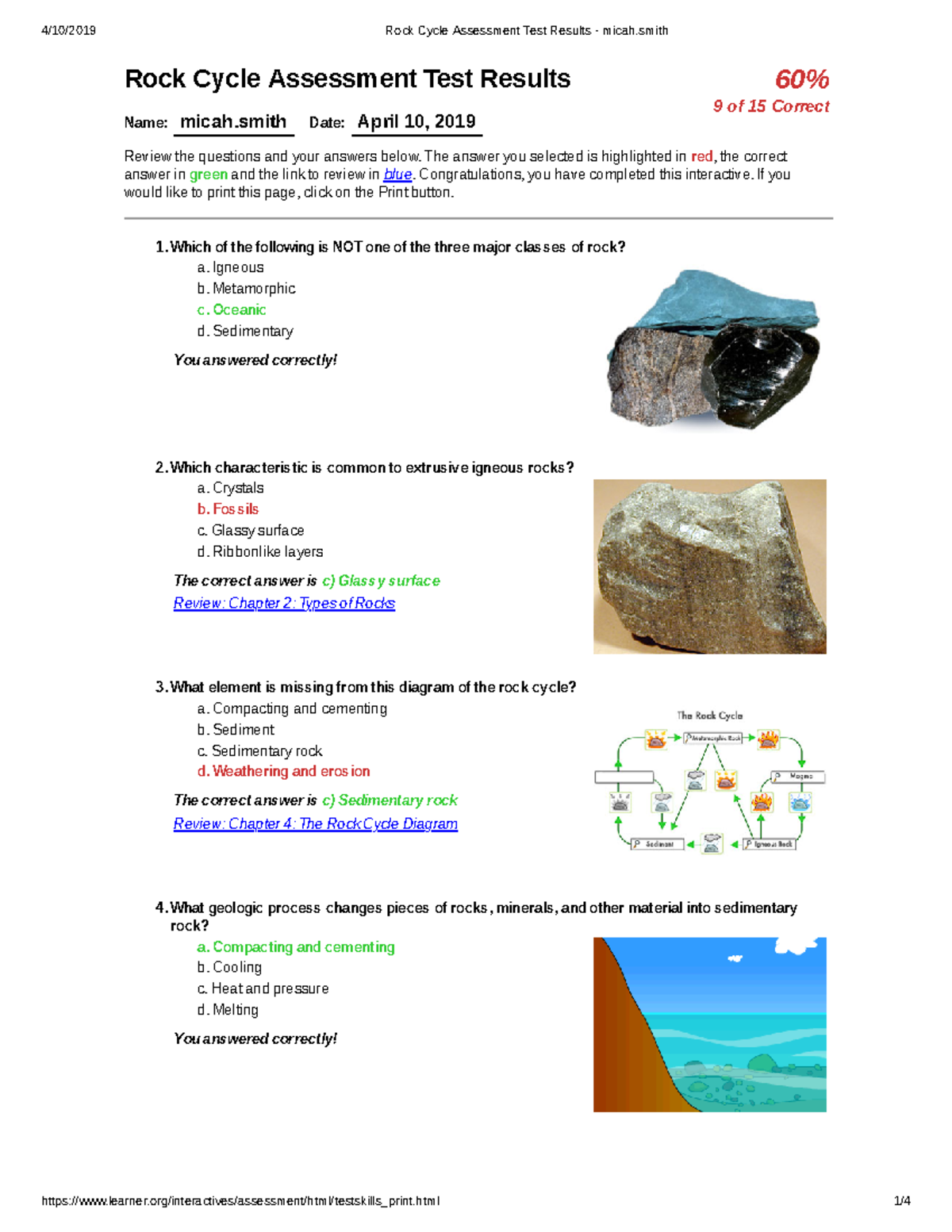 Rock Cyaaaaaaaaaaaaaa - Rock Cycle Assessment Test Results Name: micah ...