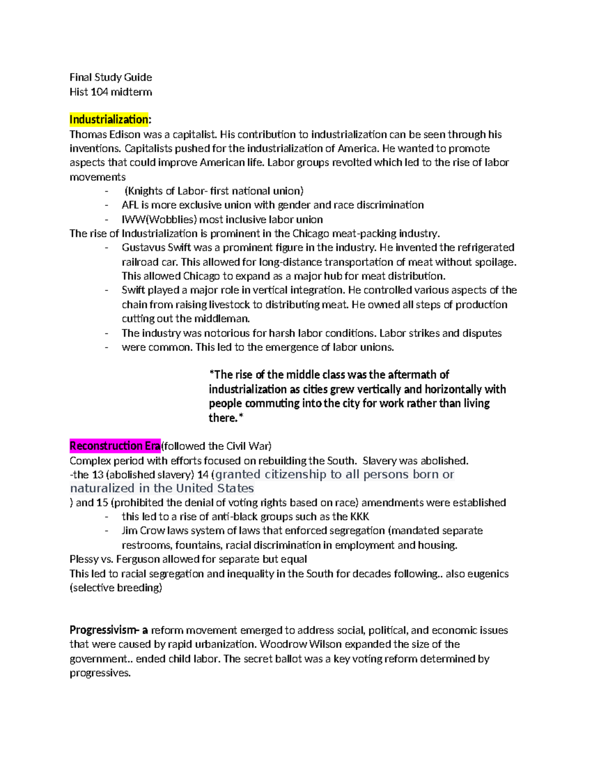 Final Study Guide - Final Study Guide Hist 104 midterm ...