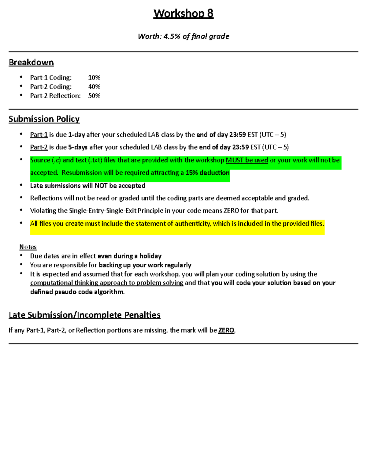 Workshop 08 - Workshop 8 Worth: 4% of final grade Breakdown Part-1 ...