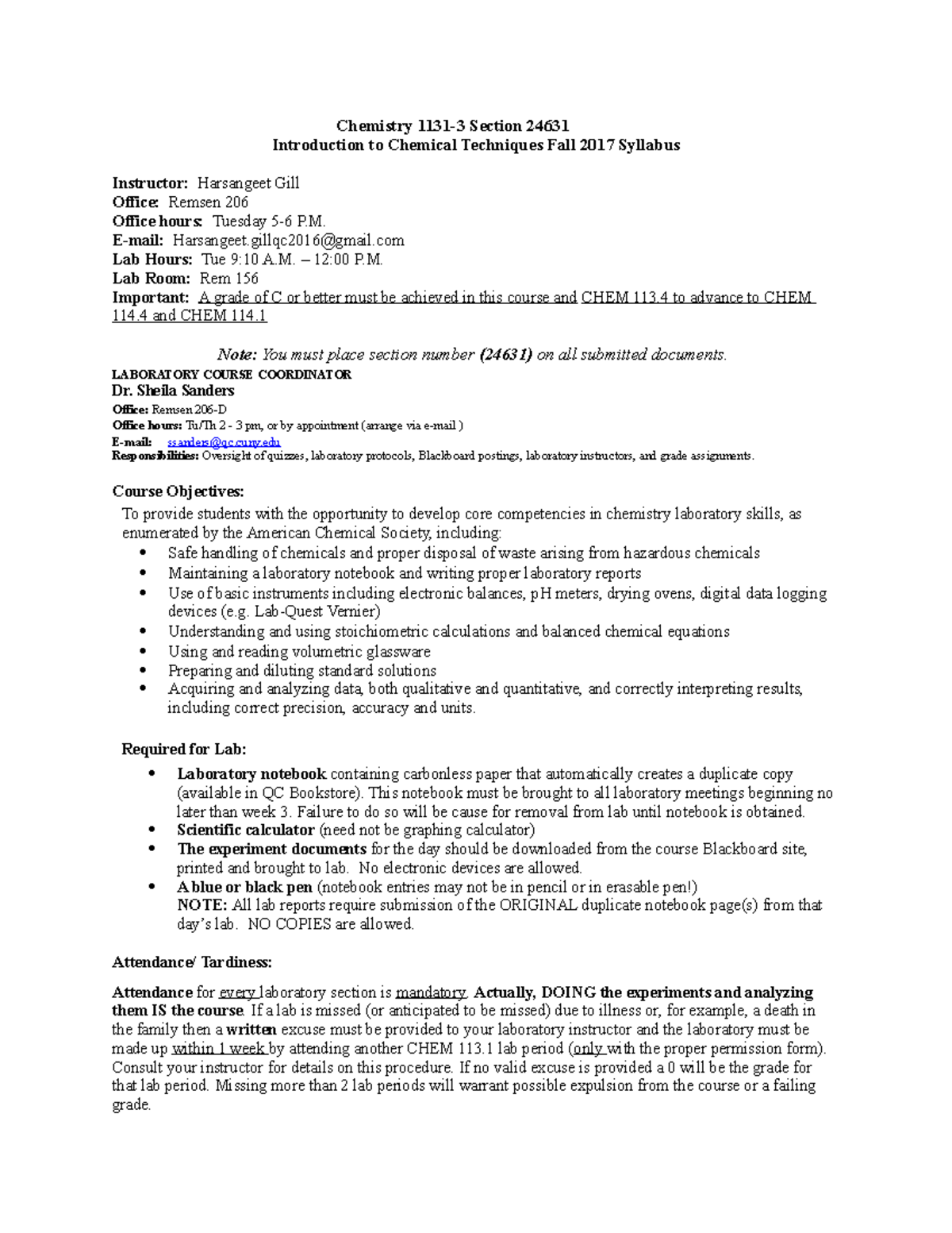 Chem 113.1 syllabus - Summary Introduction To Chemical Techniques ...
