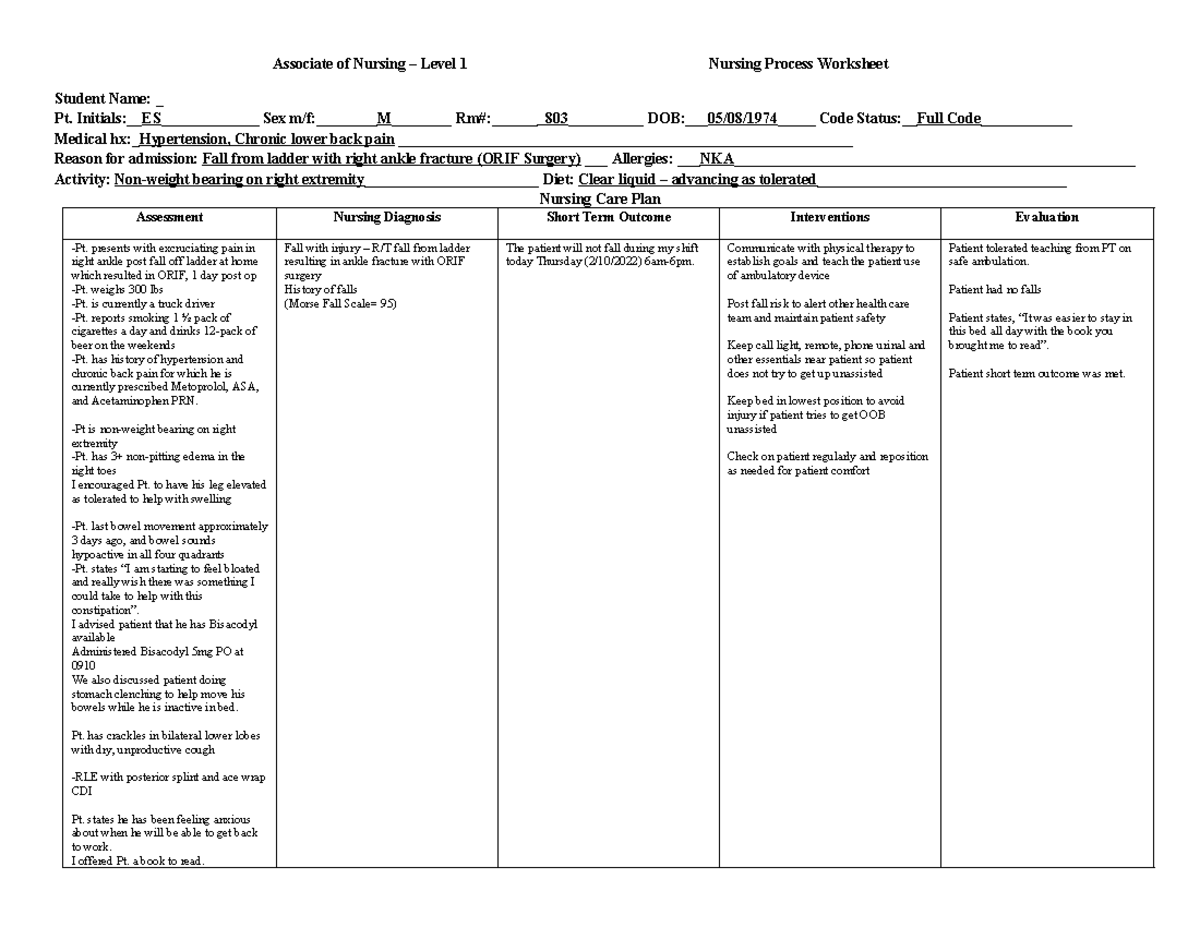 Care Plan #1 - clinical - Associate of Nursing – Level 1 Nursing ...