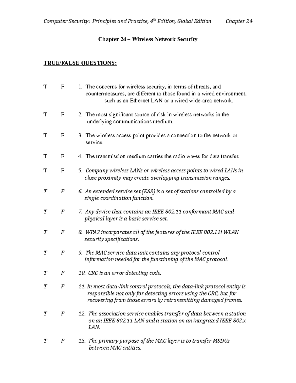 Chapter 24 Test Computer Security 4e - Chapter 24 – Wireless Network ...