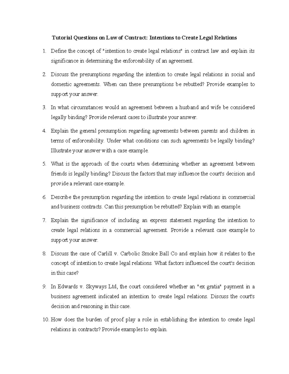 Tutorial Questions on Law of Contract - Intention to Create Legal ...