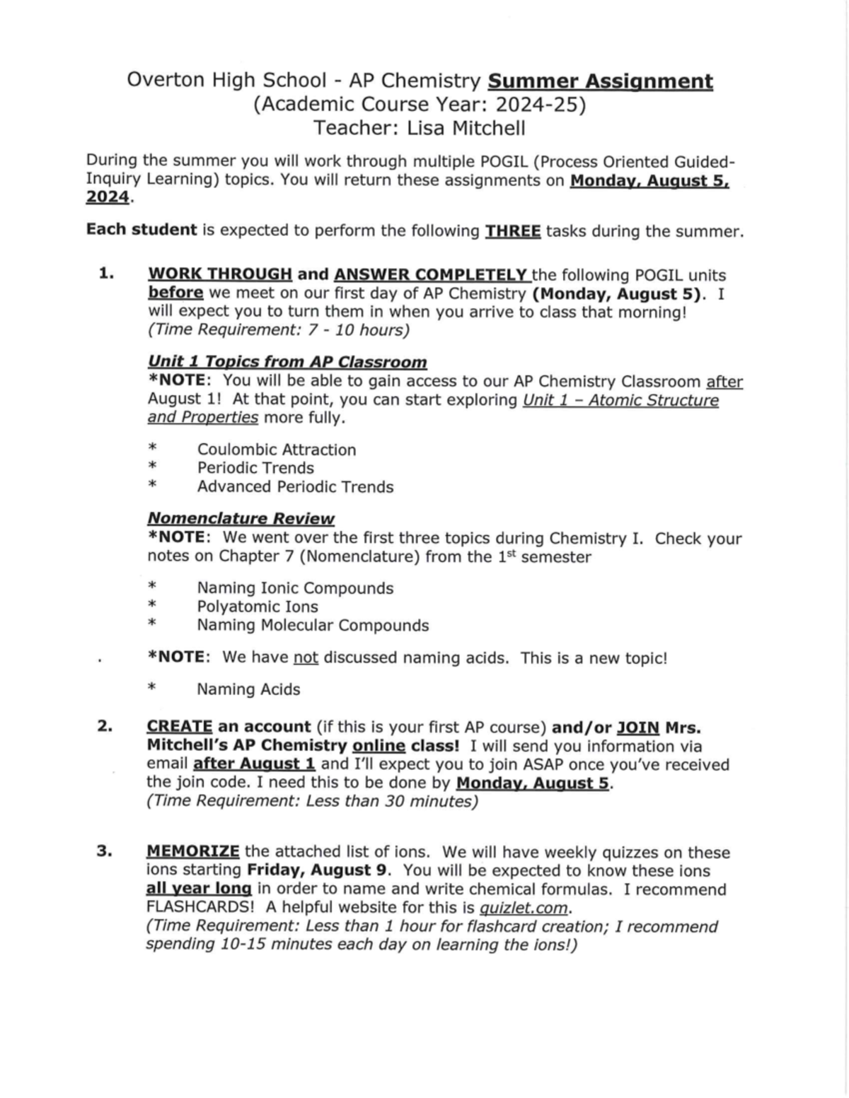 AP Chemistry Summer Assignment 2024 - You will return these assignments ...