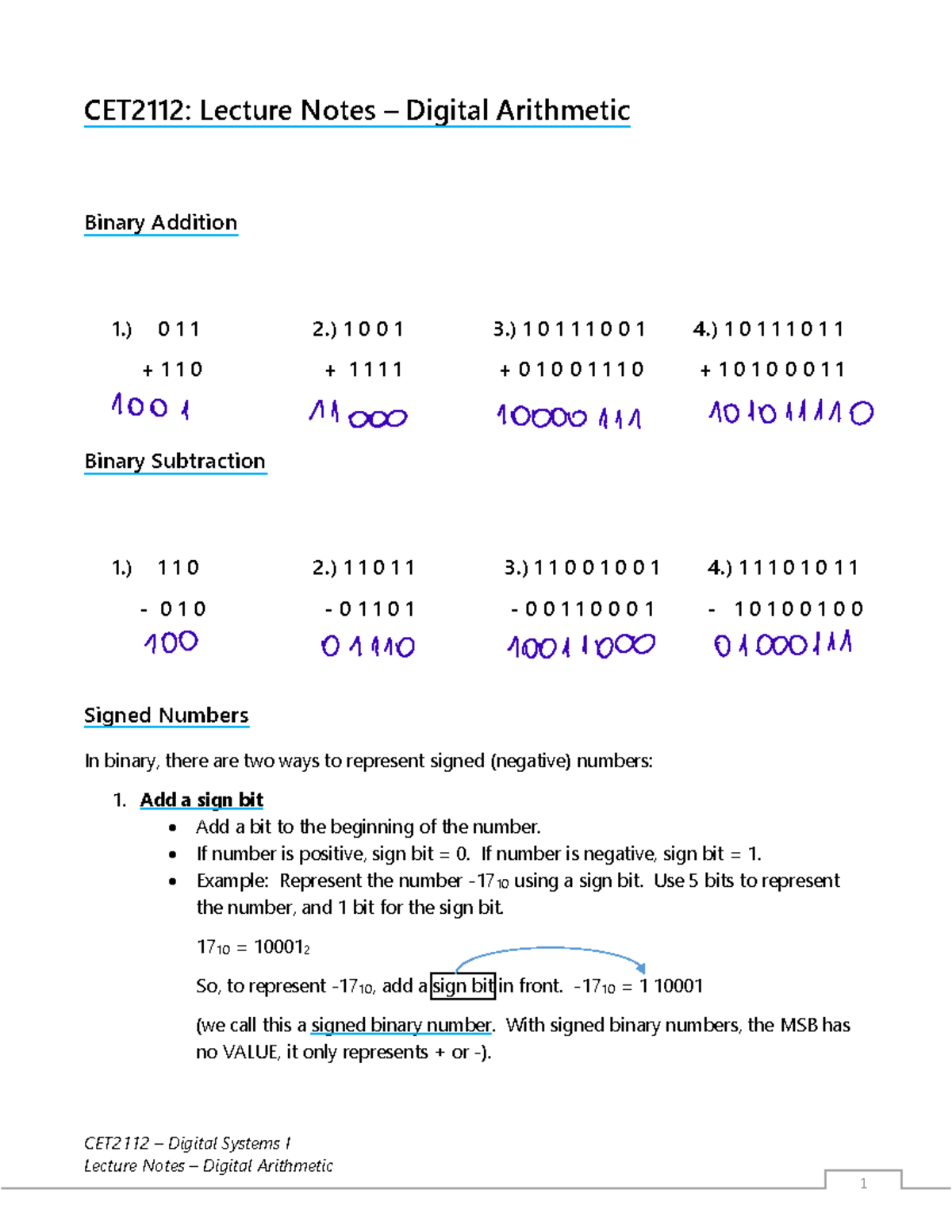 Cet2112c Lecture Notes Digital Arithmetic Cet2112 Digital Systems I Lecture Notes