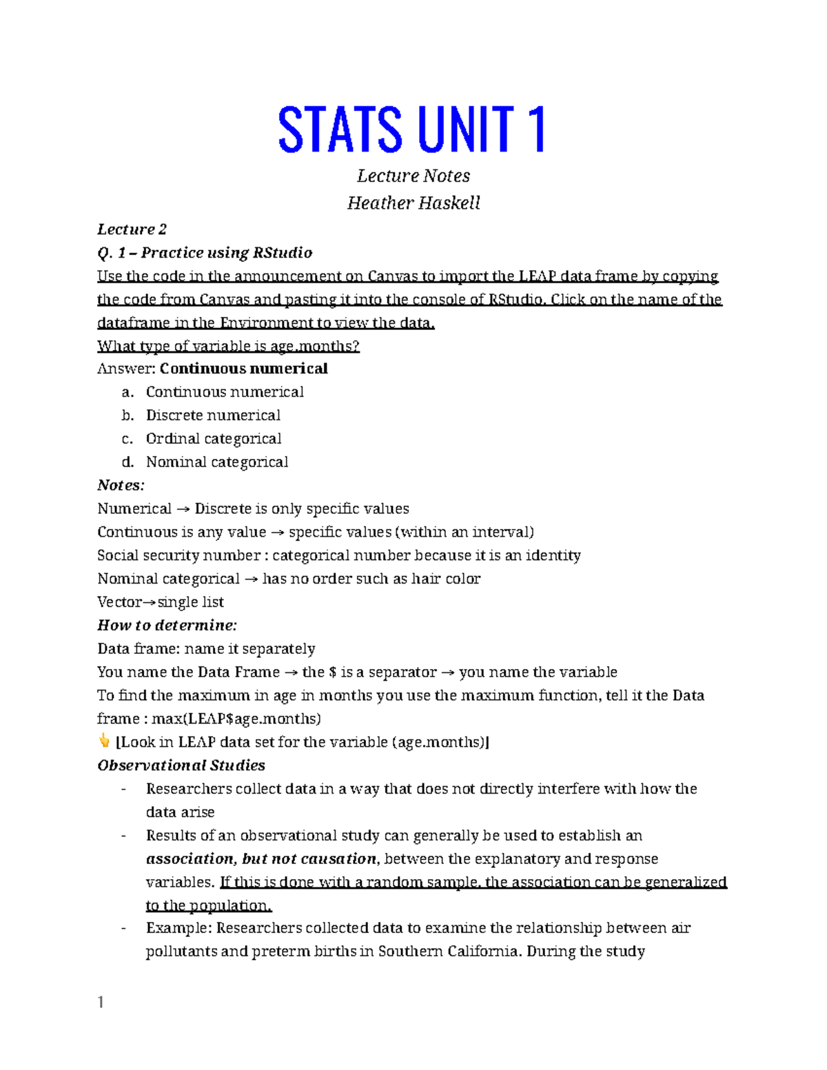 Stats Unit 1 Exam 1 - Auburn University | Professor : Heather Haskell Note: You HAVE to follow ...