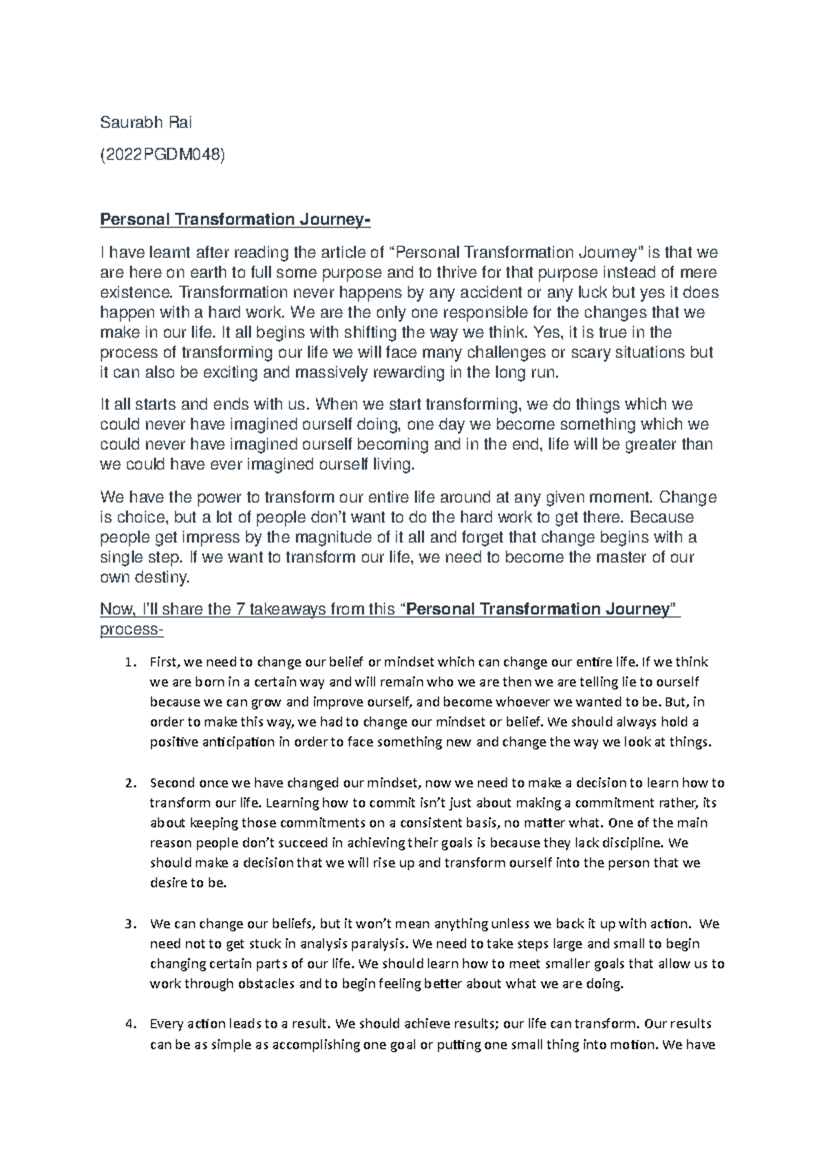 Personal transformation journey reflection assignment 3 - Saurabh Rai ...