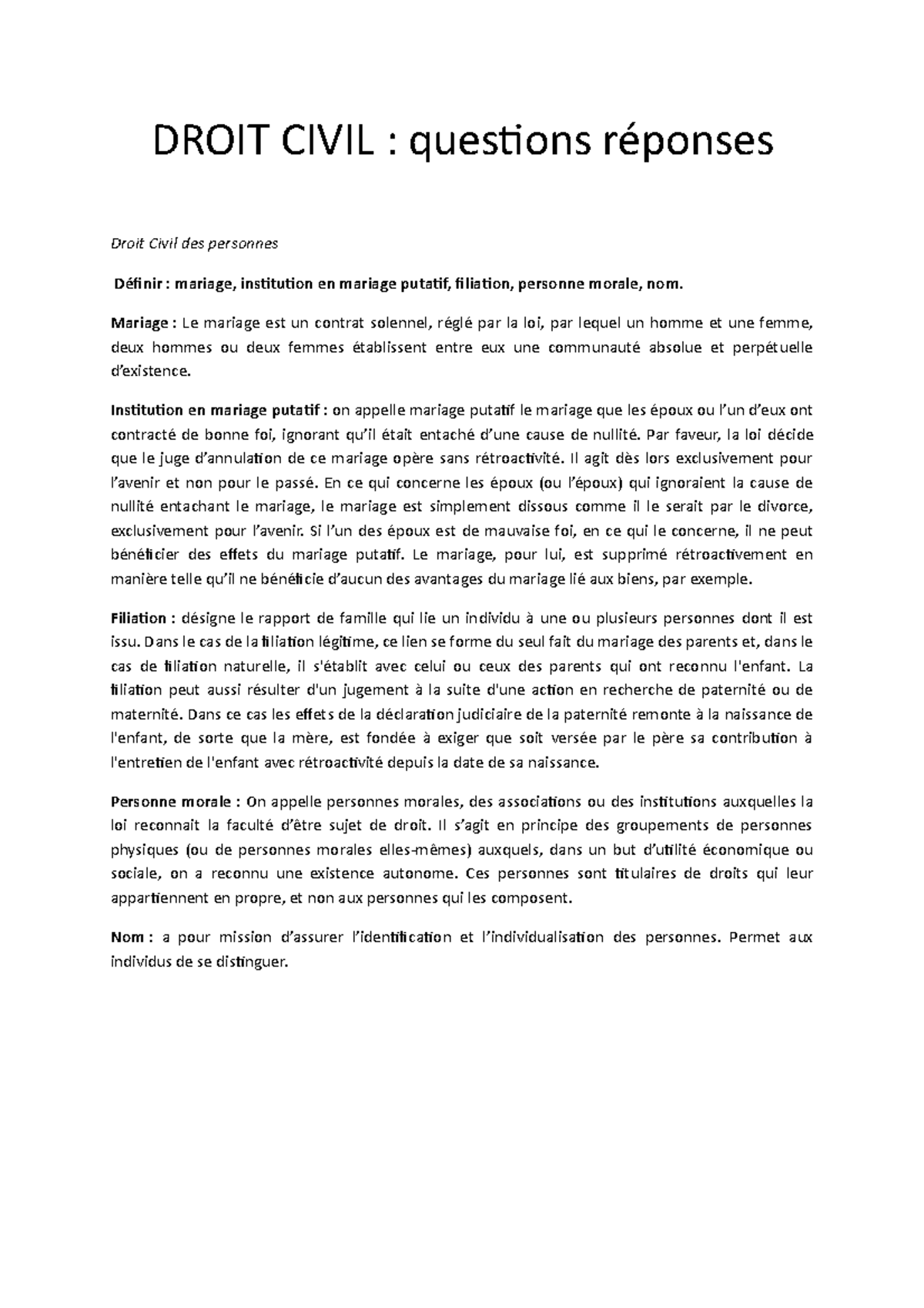 Examen type / pratique 2015, questions et réponses - DROIT CIVIL ...