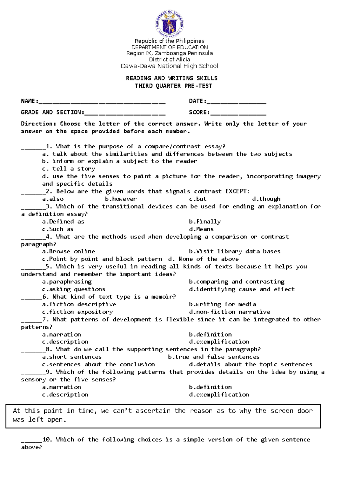 Reading and writing pre test - READING AND WRITING SKILLS THIRD QUARTER ...
