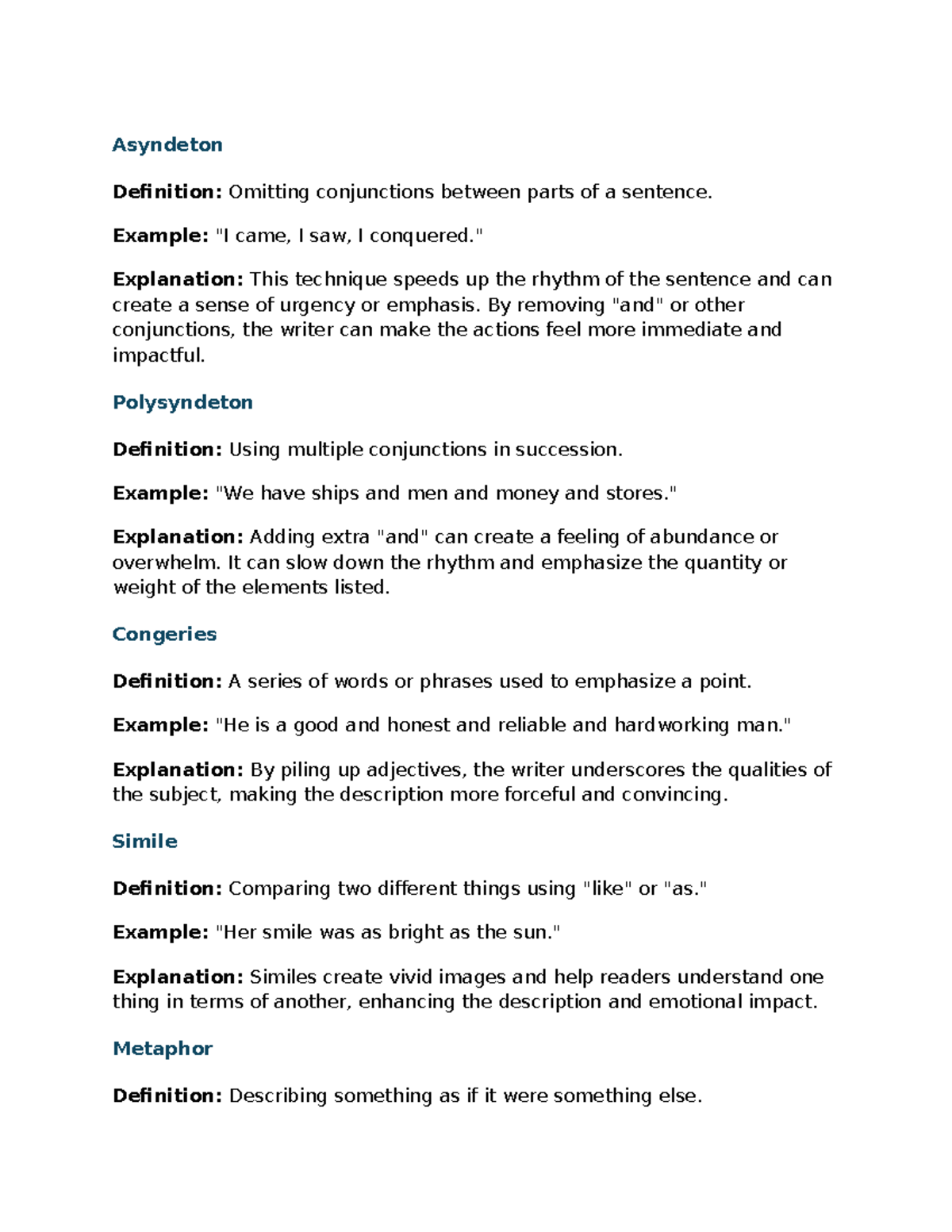 Literary Techniques for Paper 1 - Asyndeton Definition: Omitting ...