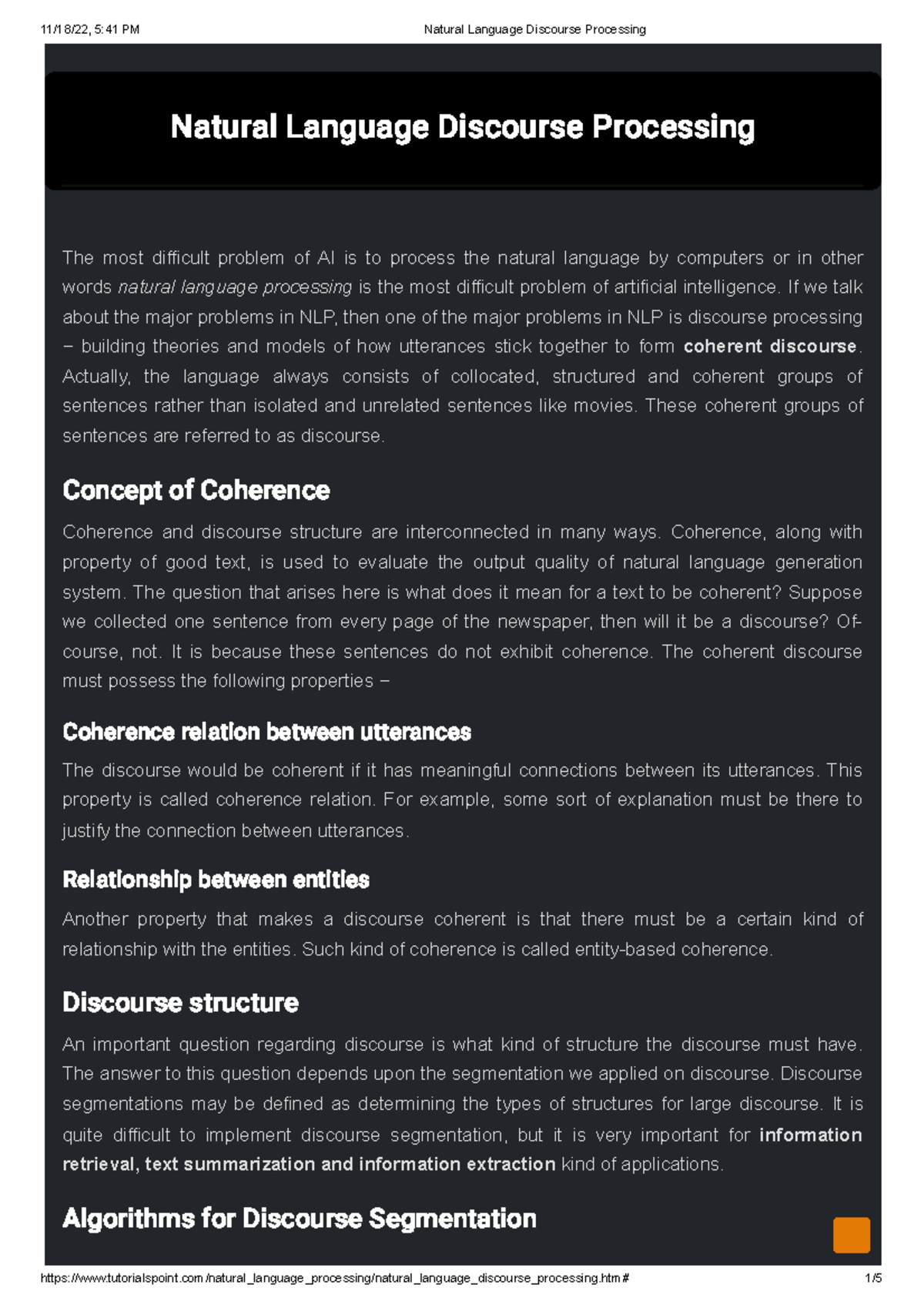 Natural Language Discourse Processing - If we talk about the major problems in NLP, then one of ...