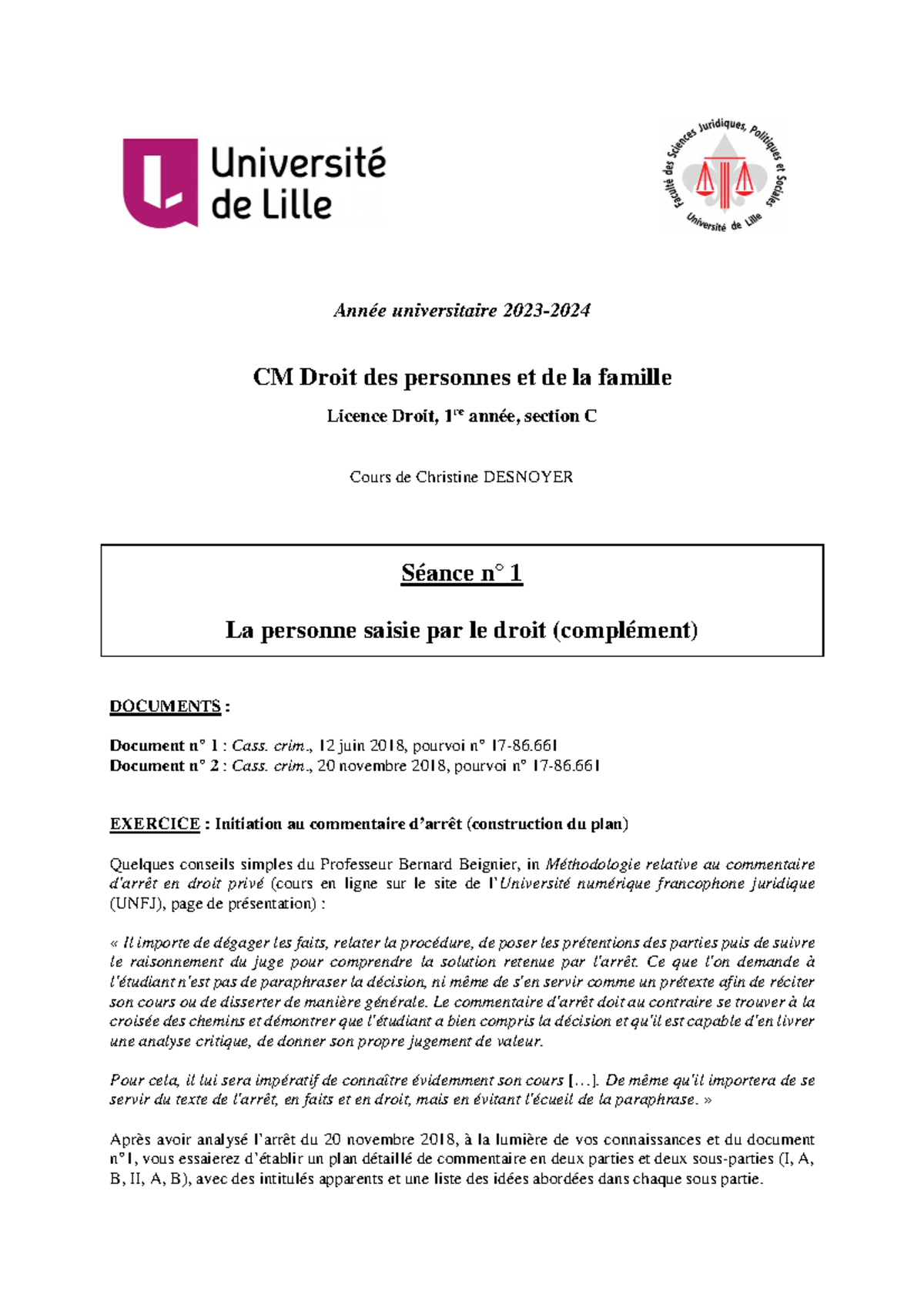 TD 1 (complément) - exemple de TD - Année universitaire 2023- CM Droit des personnes et de la ...