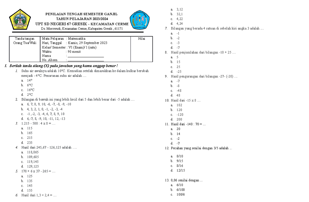 Soal matematika - midsum math test - PENILAIAN TENGAH SEMESTER GANJIL ...