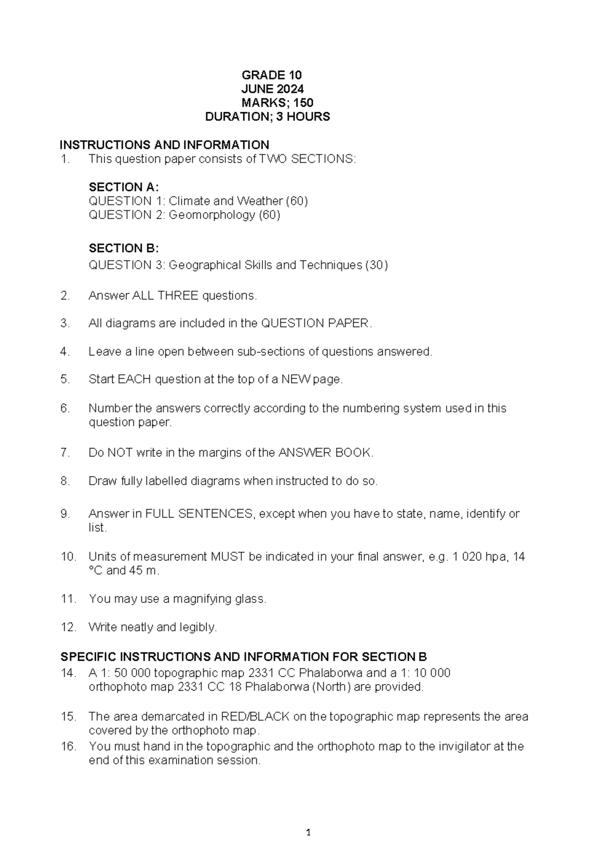 Geography GR 10 Paper JUNE - GGAHHHHH GRADE 10 JUNE 2024 MARKS; 150 ...