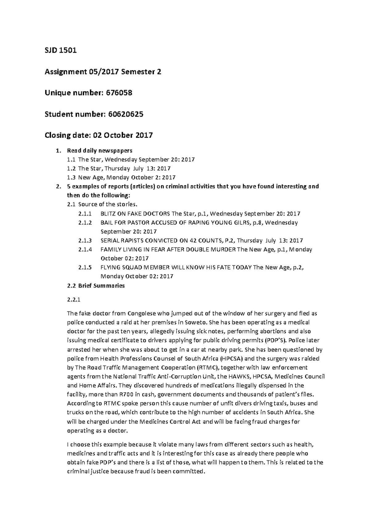 Assignment 05 - SJD 1501 Assignment 05/2017 Semester 2 Unique number ...