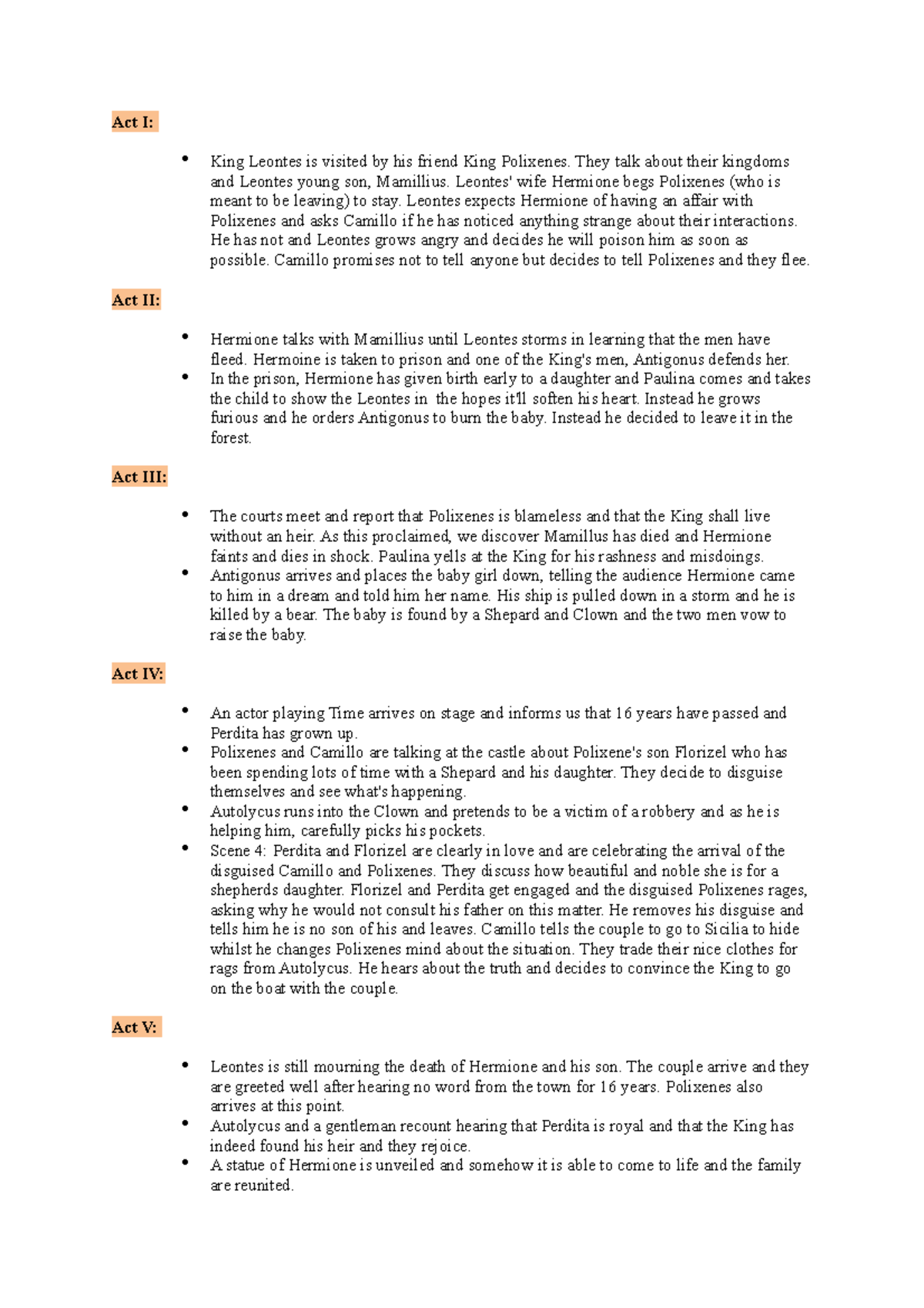 Winters TALE PLOT - Plot summary of the play. Key to understanding ...