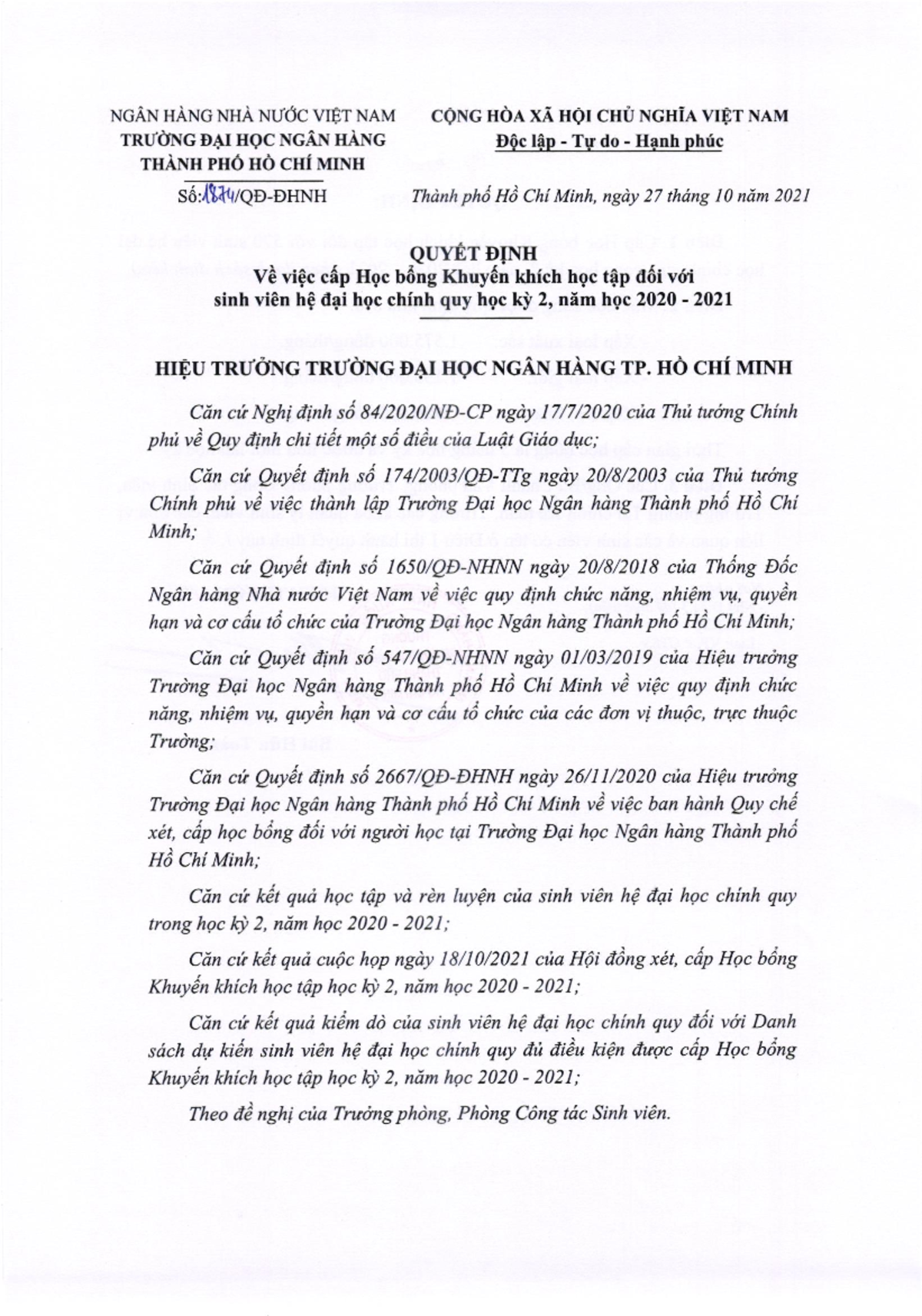 1874 21 quyet dinh v v cap hoc bong khuyen khich hoc tap hoc ky 2 nam hoc 2020 2021 pdf - Studocu