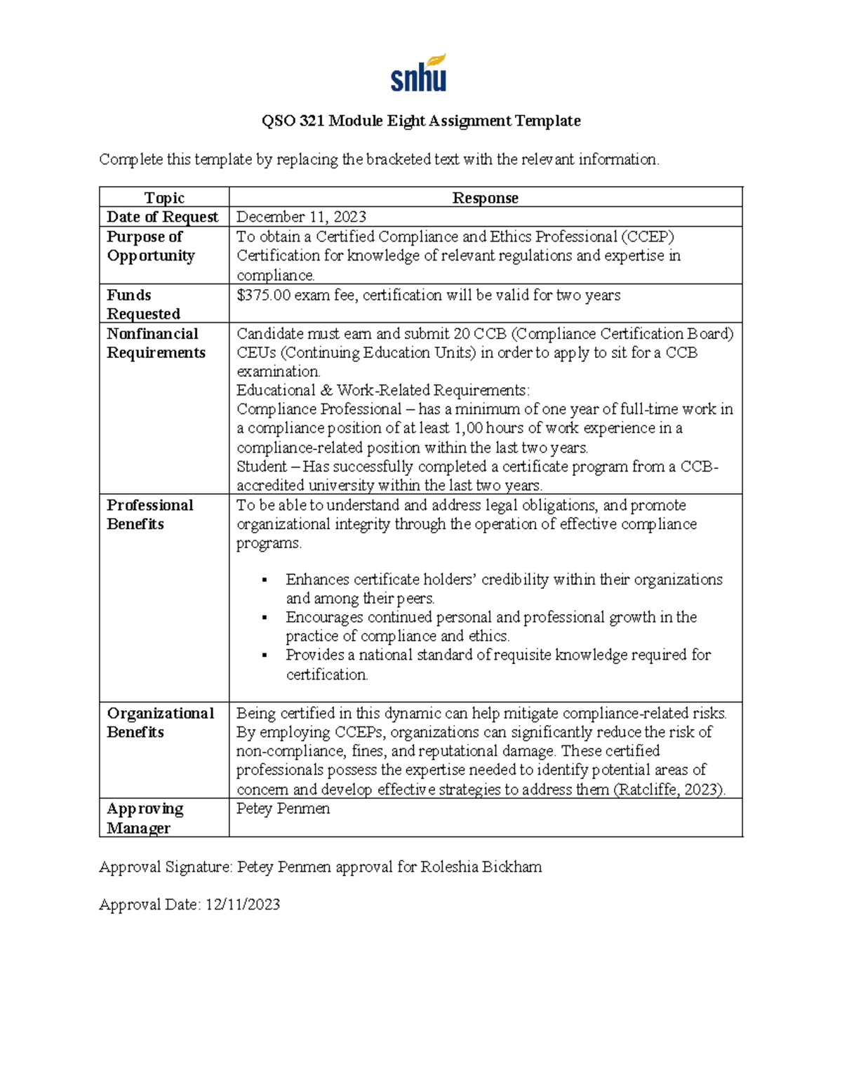 QSO 321 Module Eight Assignment - Topic Response Date of Request ...
