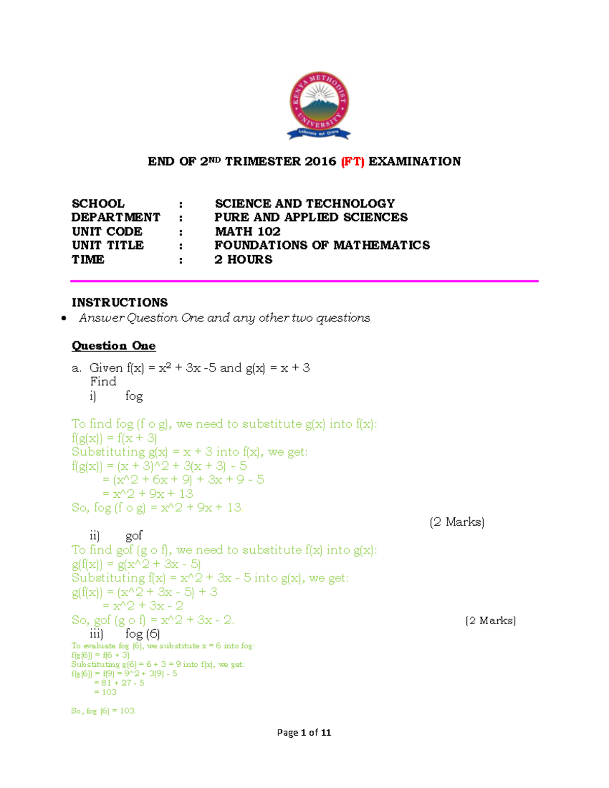 Foundations OF Mathematics (MATH 102) 2ND Trimester 2016 - END OF 2ND TRIMESTER 2016 (FT) - Studocu