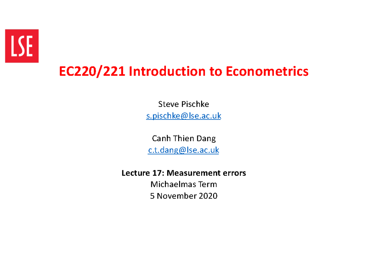 EC220 MT Lecture 17 - SLIDES - EC220/221 Introduction to Econometrics ...
