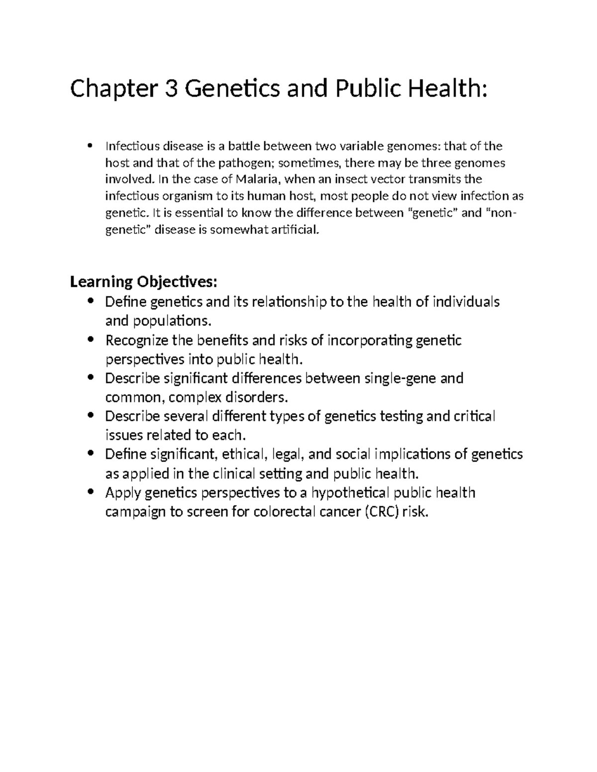 Chapter 3 learning objectives copy - Chapter 3 Genetics and Public Health: Infectious disease is ...