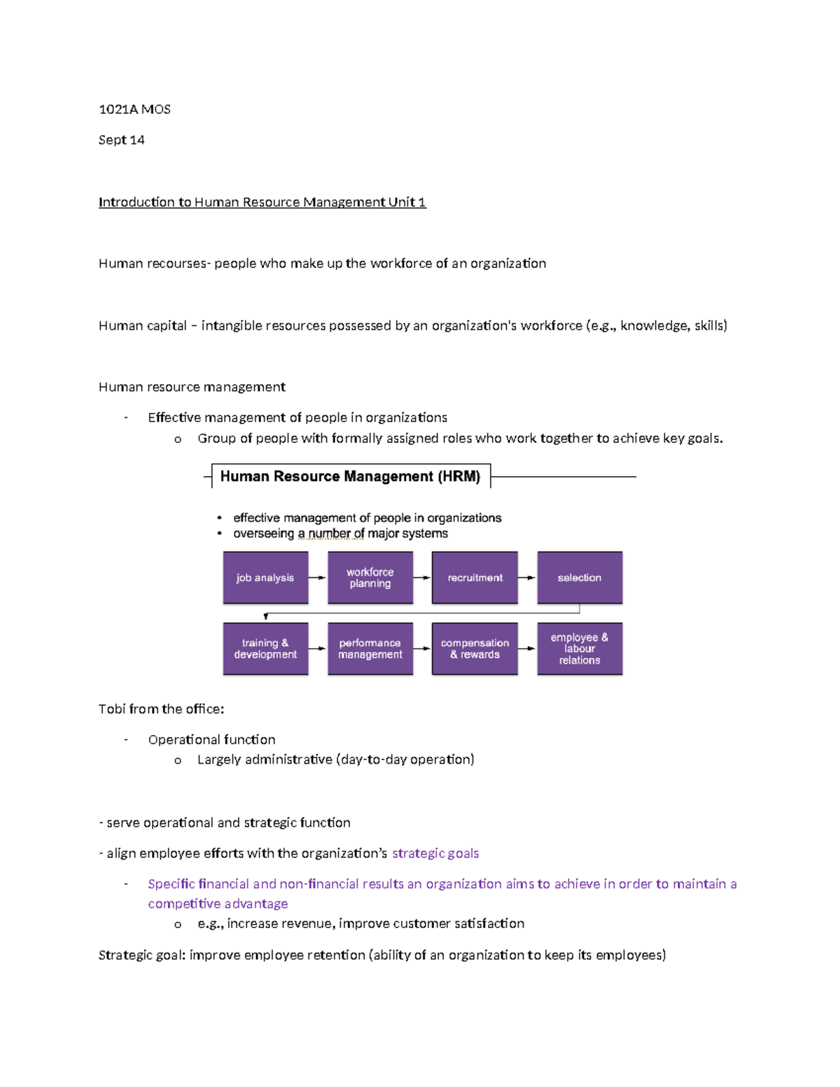 MOS Notes Exam 1 - 1021A MOS Sept 14 Introduction to Human Resource ...