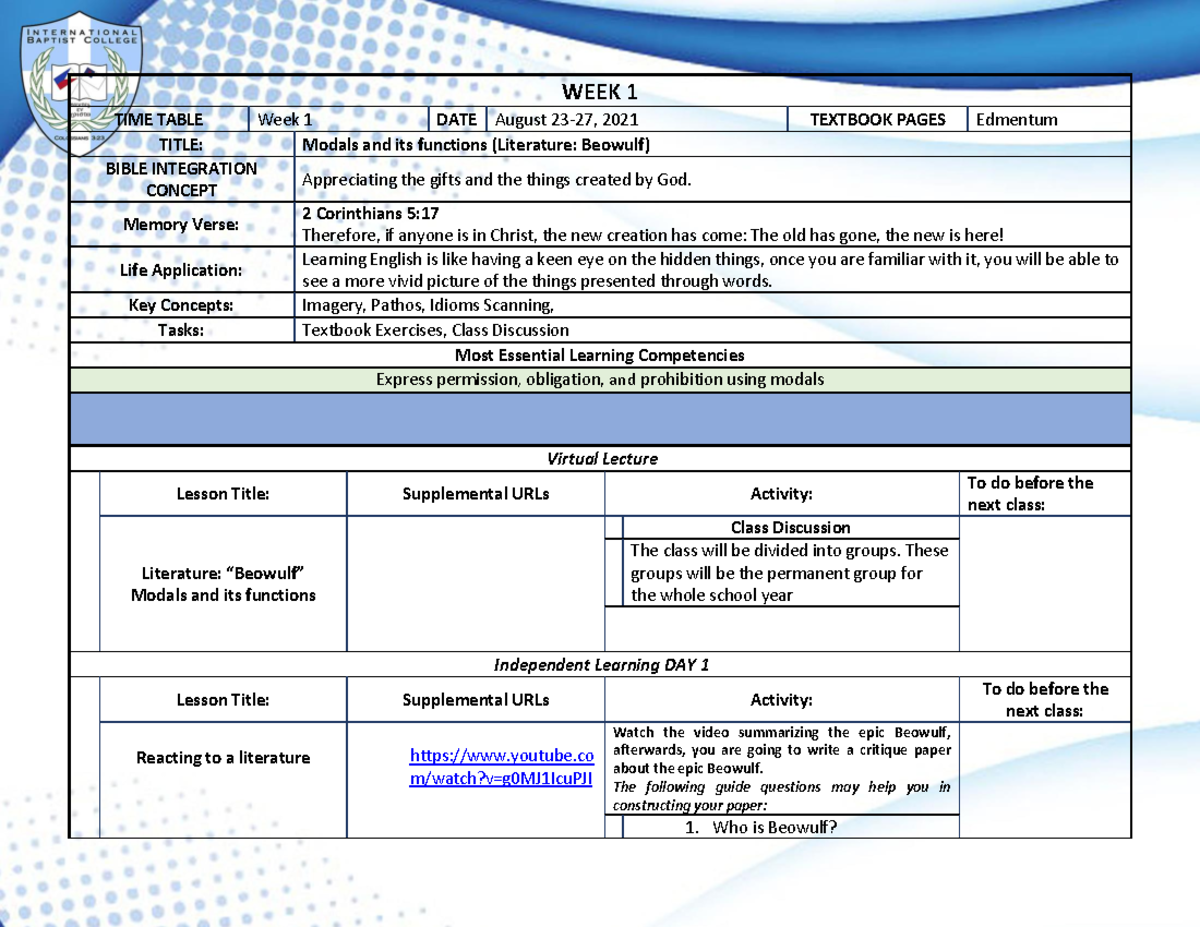 SIM for English 9 Week 1 (August 23-27, 2021) - WEEK 1 TIME TABLE Week ...