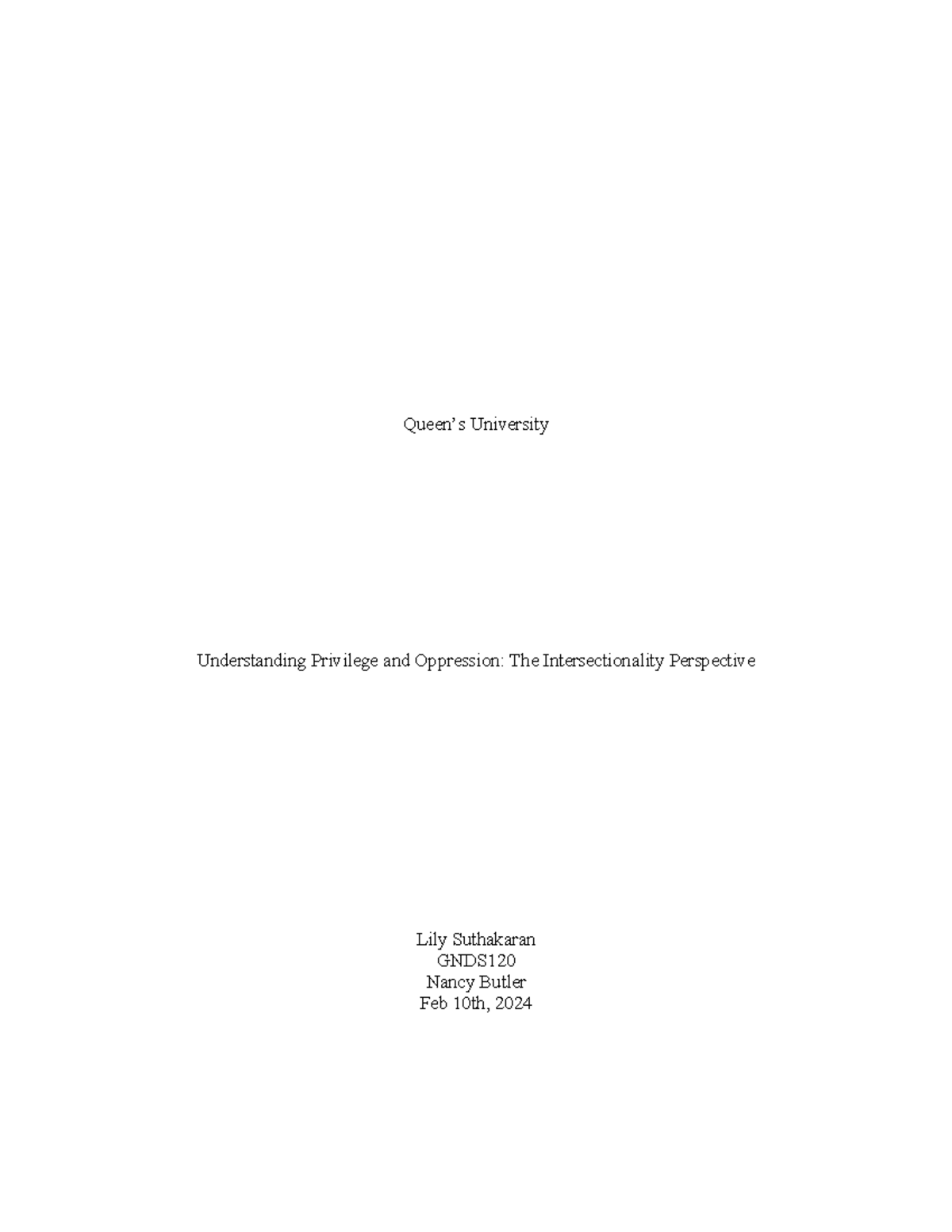 GNDS- critical intersectionality reflection - Queen’s University Understanding Privilege and ...