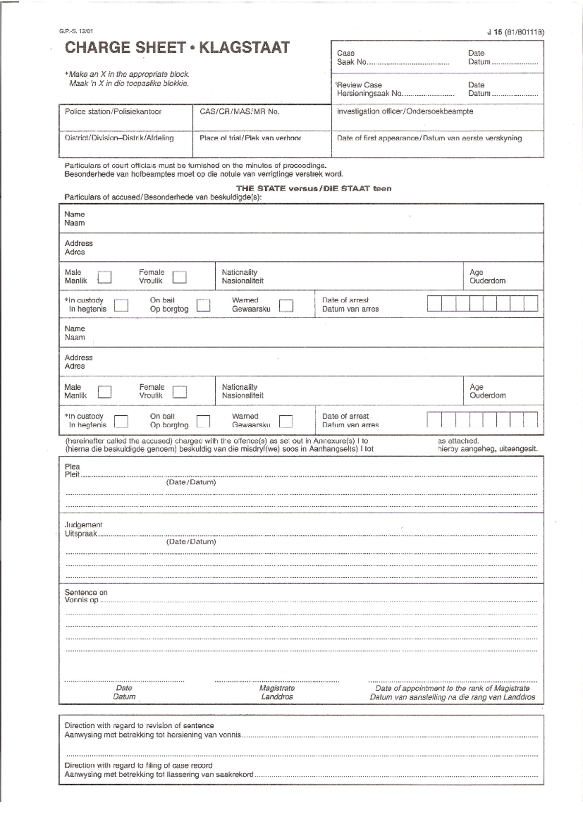 J15 Blank - G.-S. 12/01 J 15 (81/801118) CHARGE SHEET KLAGSTAAT Case ...