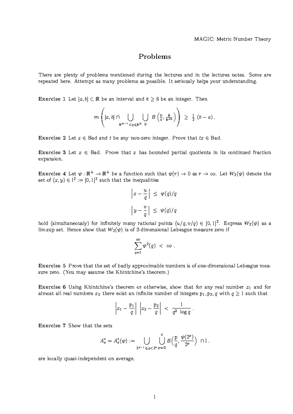 Problems Magic - MAGIC: Metric Number Theory Problems There are plenty ...