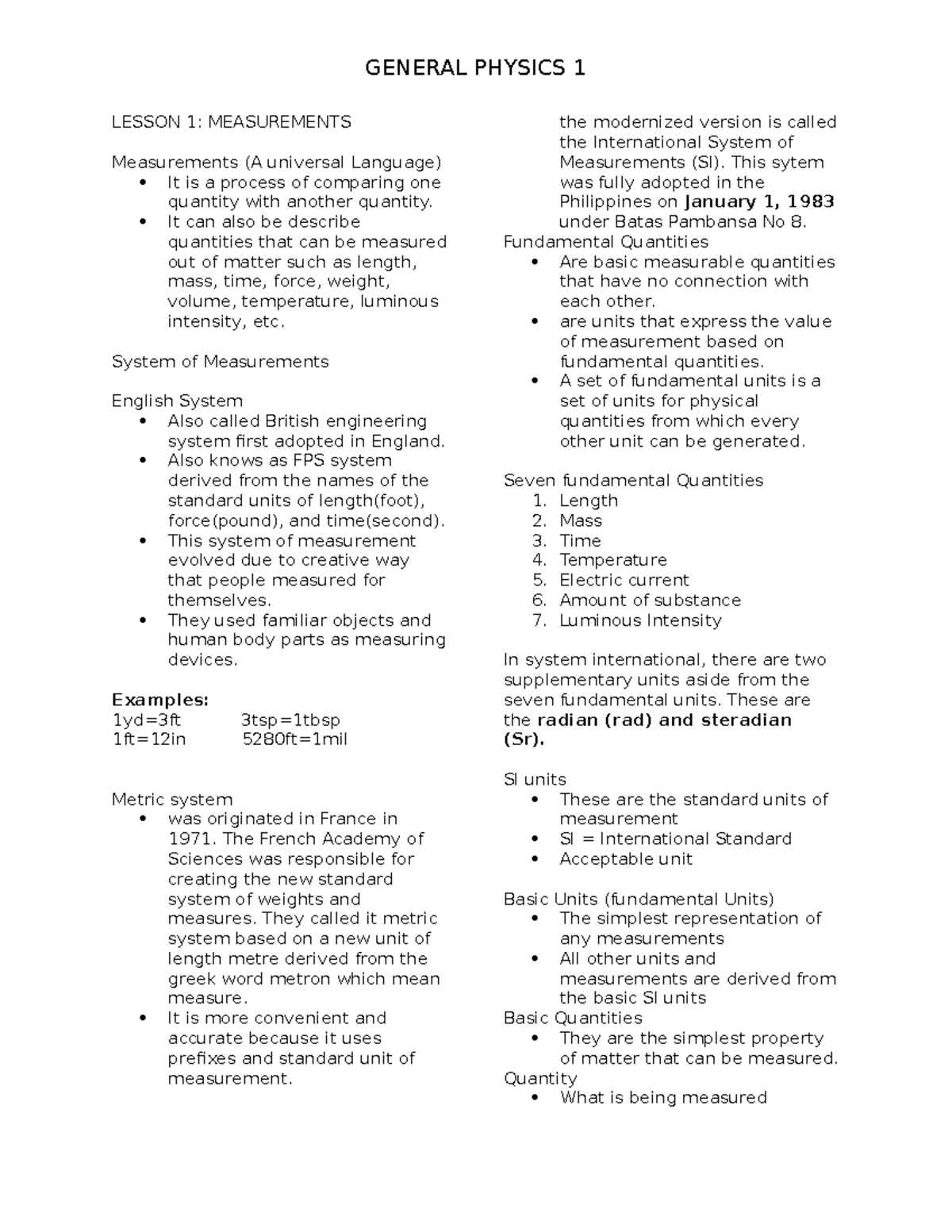 Reviewer- Physics - LESSON 1: MEASUREMENTS Measurements (A universal ...