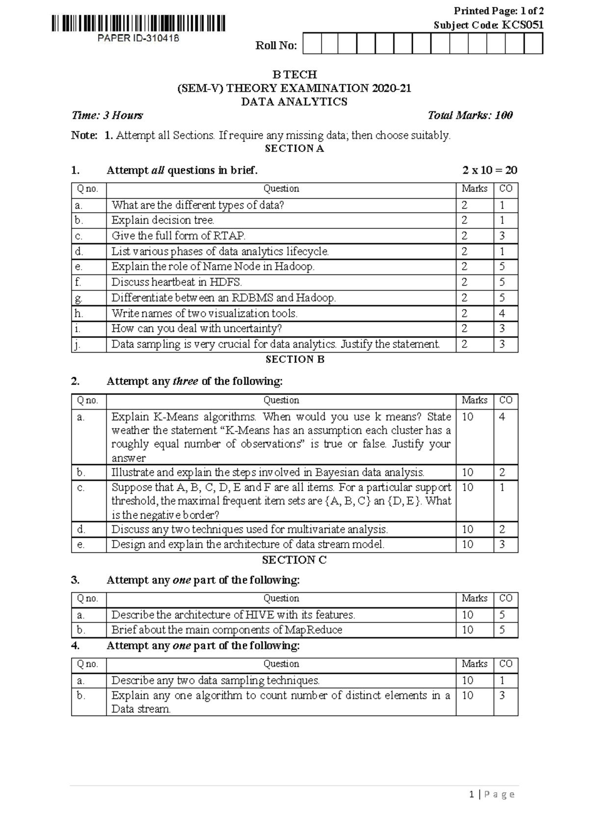Da 20 21 Data Analytics 2020 21 Aktu Q Printed Page 1 Of 2 1 P A G E Subject Code Kcs